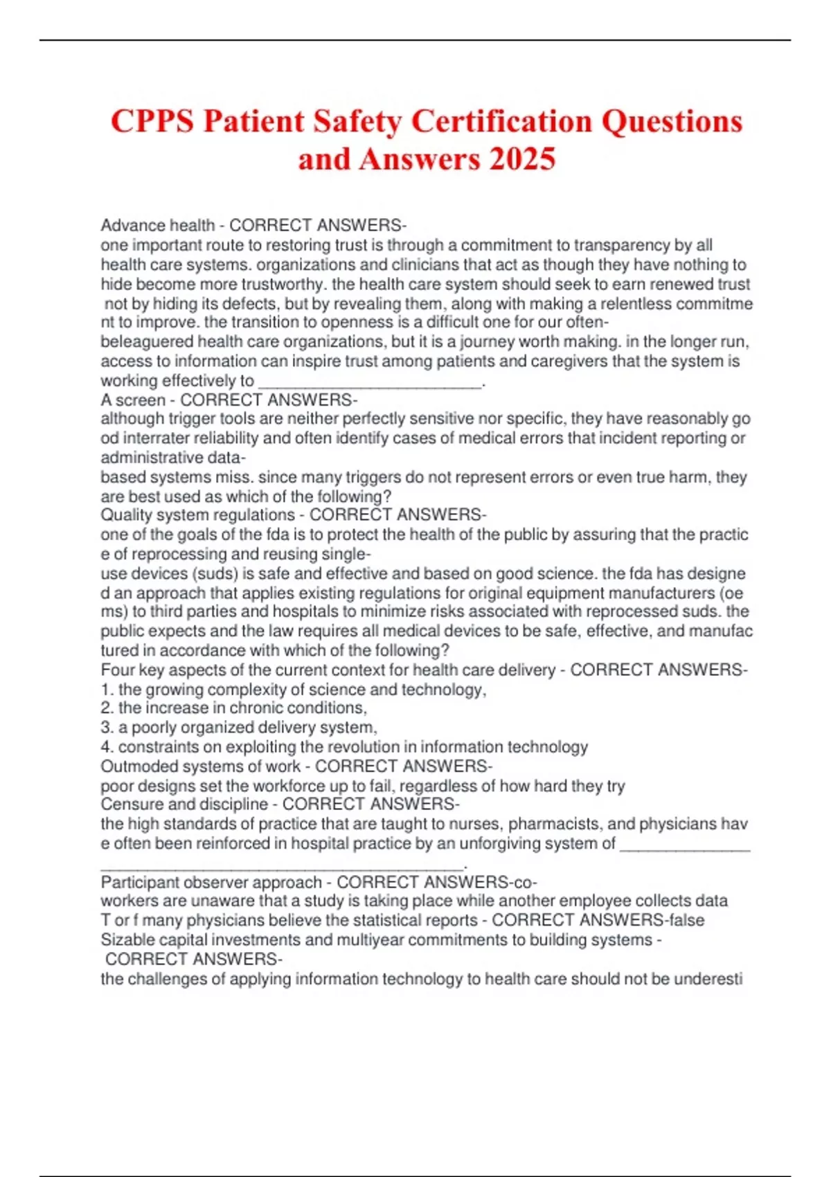 CPPS Patient Safety Certification Questions and Answers 2025 - CPPS ...