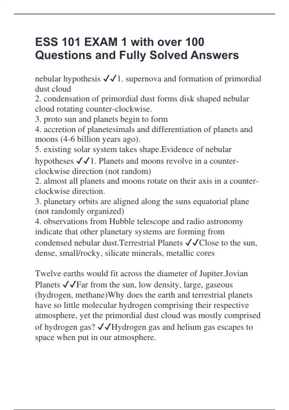 ESS 101 EXAM 1 with over 100 Questions and Fully Solved Answers - ESS ...