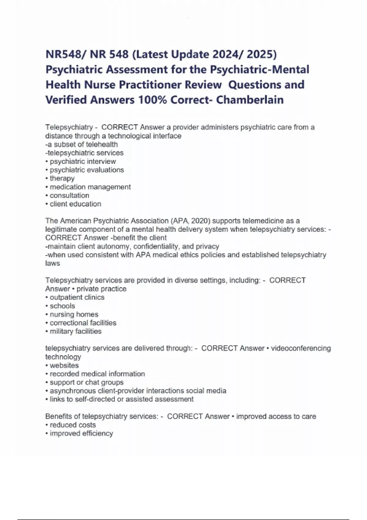 NR548/ NR 548 (Latest Update 2024/ 2025) Psychiatric Assessment for the ...