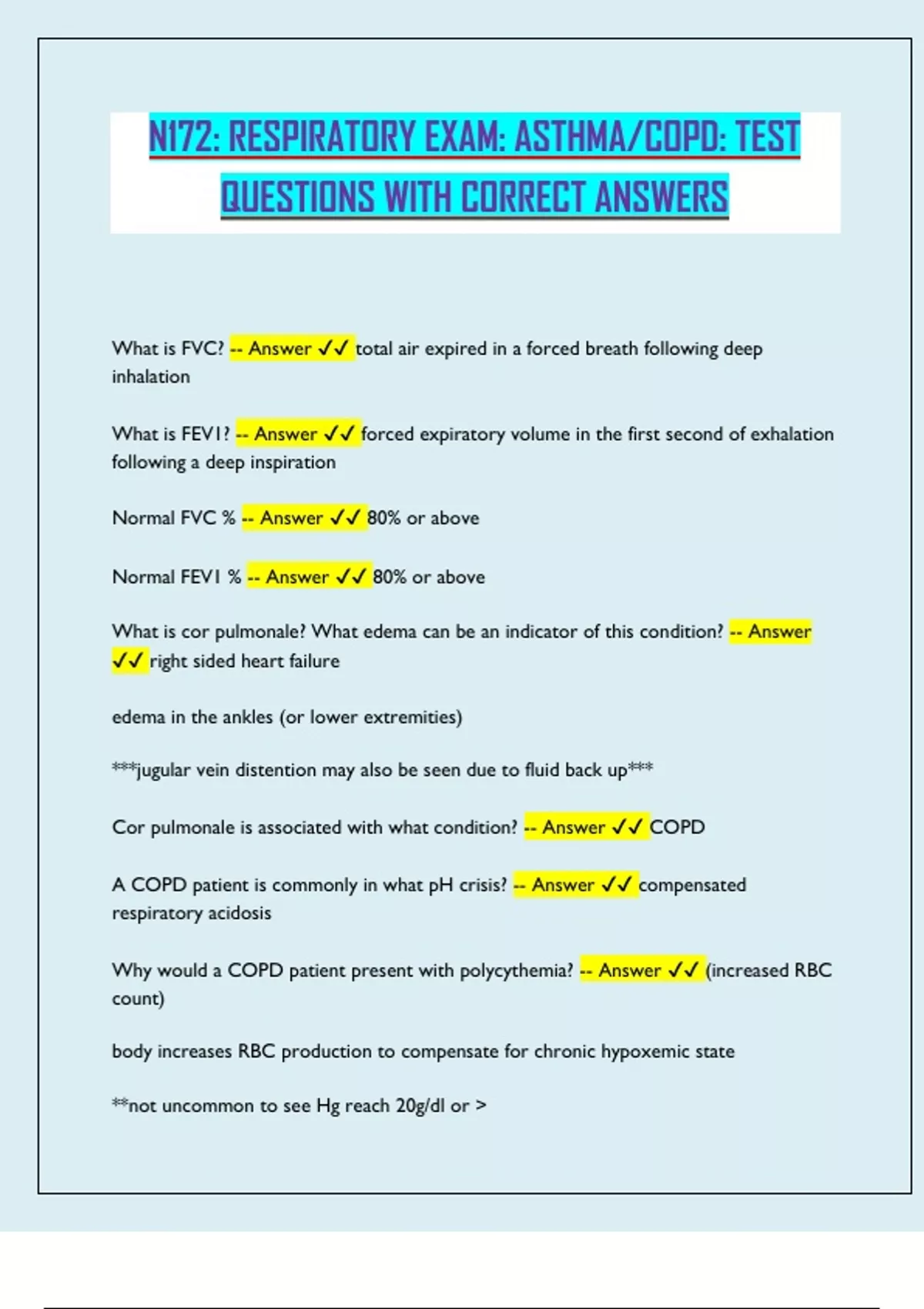 N172: RESPIRATORY EXAM: ASTHMA/COPD: TEST QUESTIONS WITH CORRECT ...