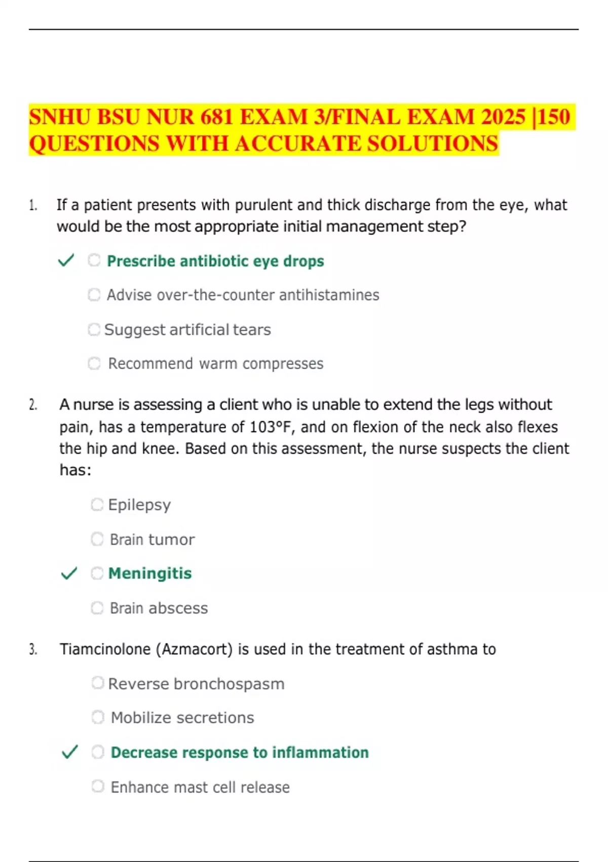 NUR 681 – SNHU/BSU – Exam 3 & Final Exam 2025 – 150 Questions with ...
