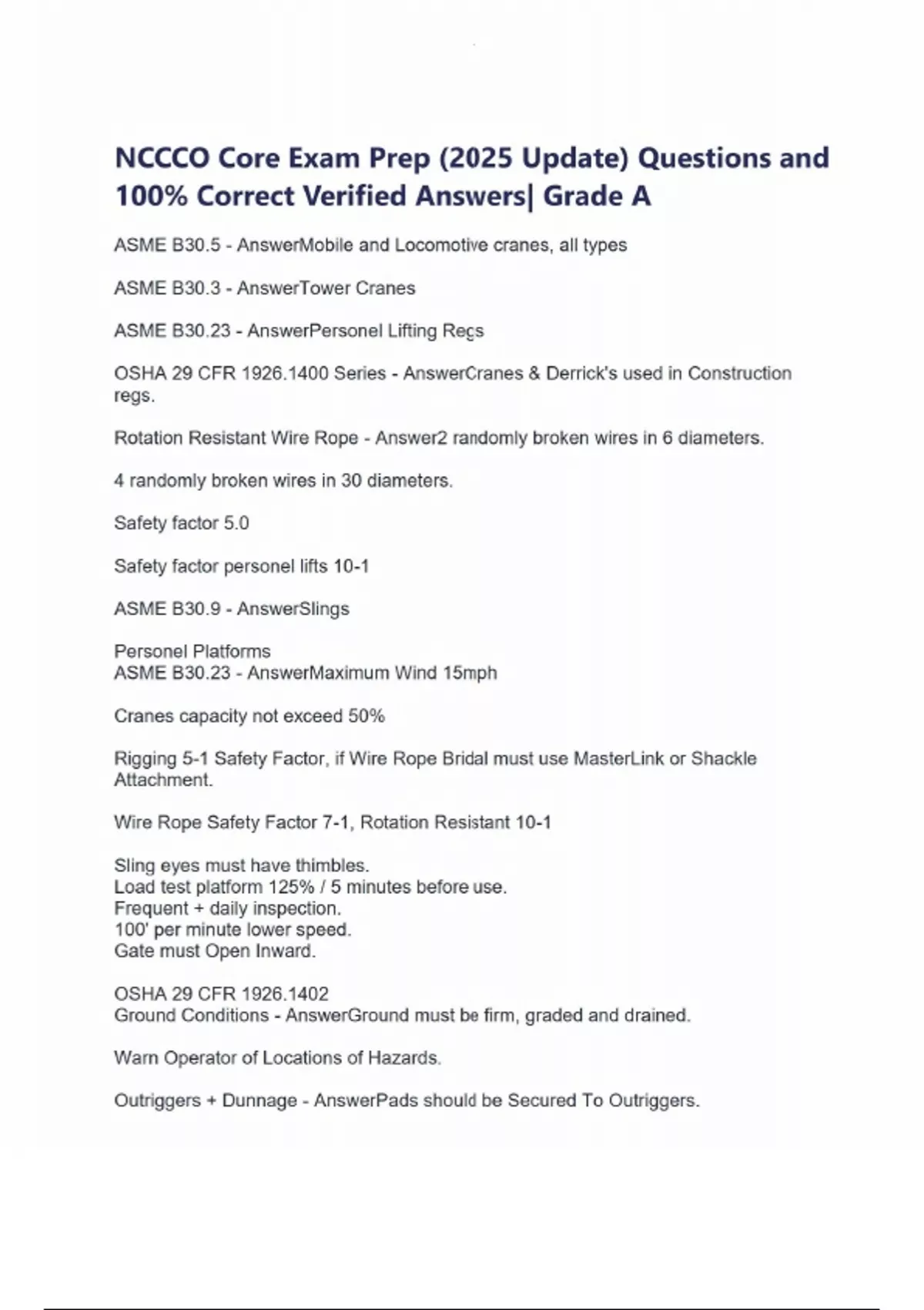 NCCCO Core Exam Prep (2025 Update) Questions and 100% Correct Verified ...