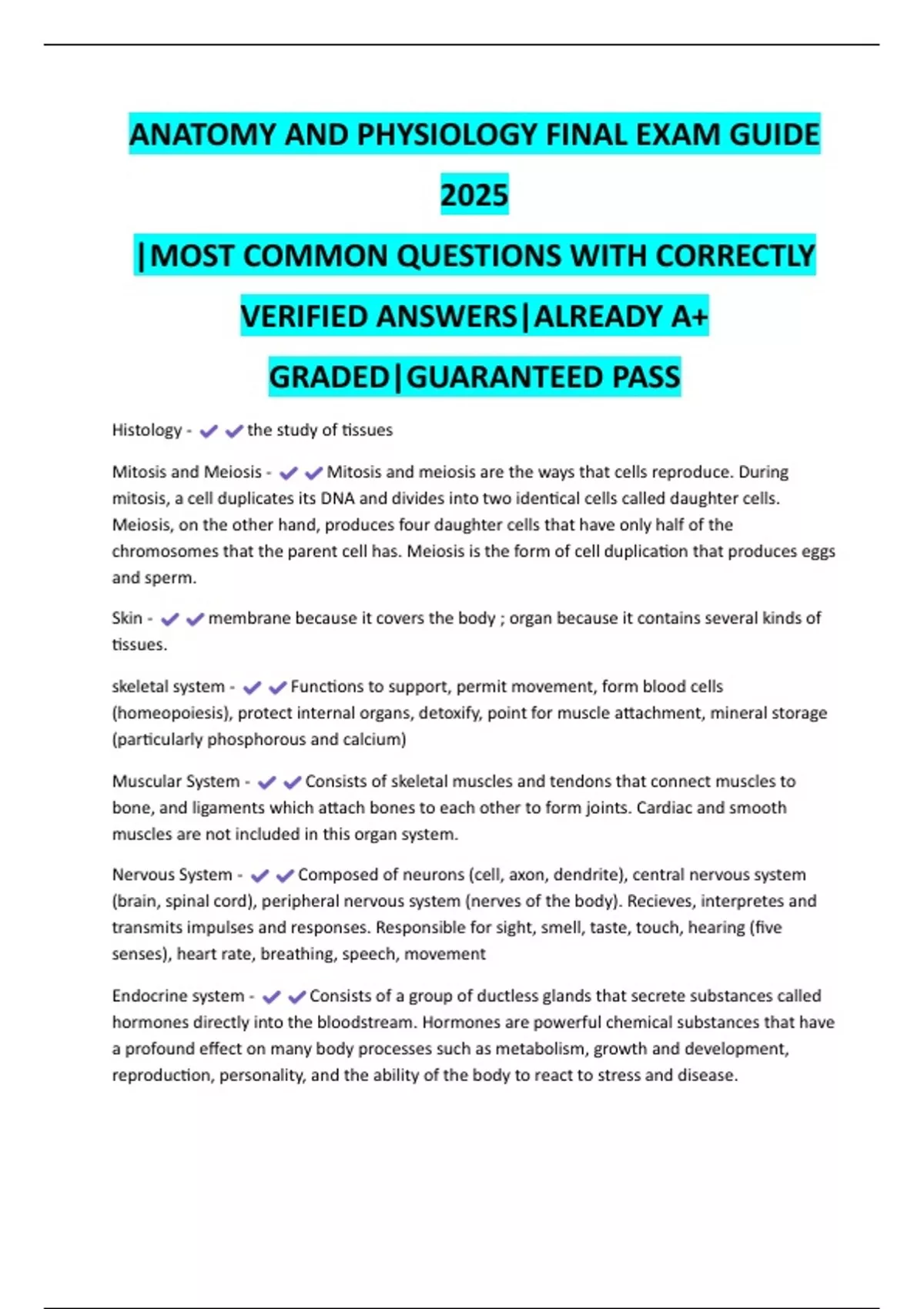 Anatomy and Physiology | Full Exam Practice Pack | 2025 | Verified ...