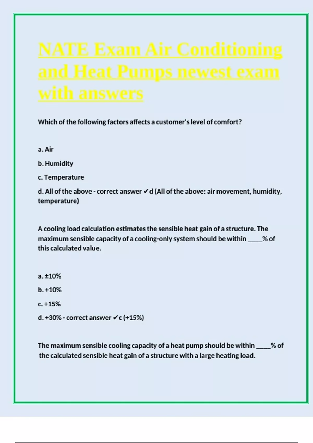 NATE Exam Air Conditioning and Heat Pumps newest exam with answers ...