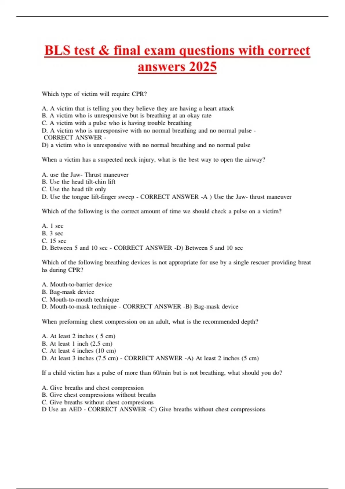BLS test & final exam questions with correct answers 2025 - BLS - Stuvia US