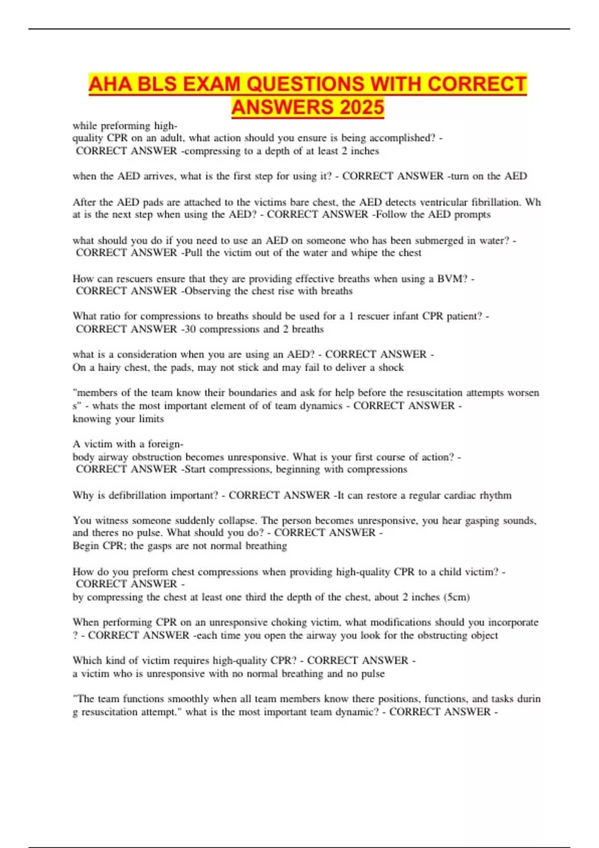 AHA BLS EXAM QUESTIONS WITH CORRECT ANSWERS 2025 - BLS - Stuvia US
