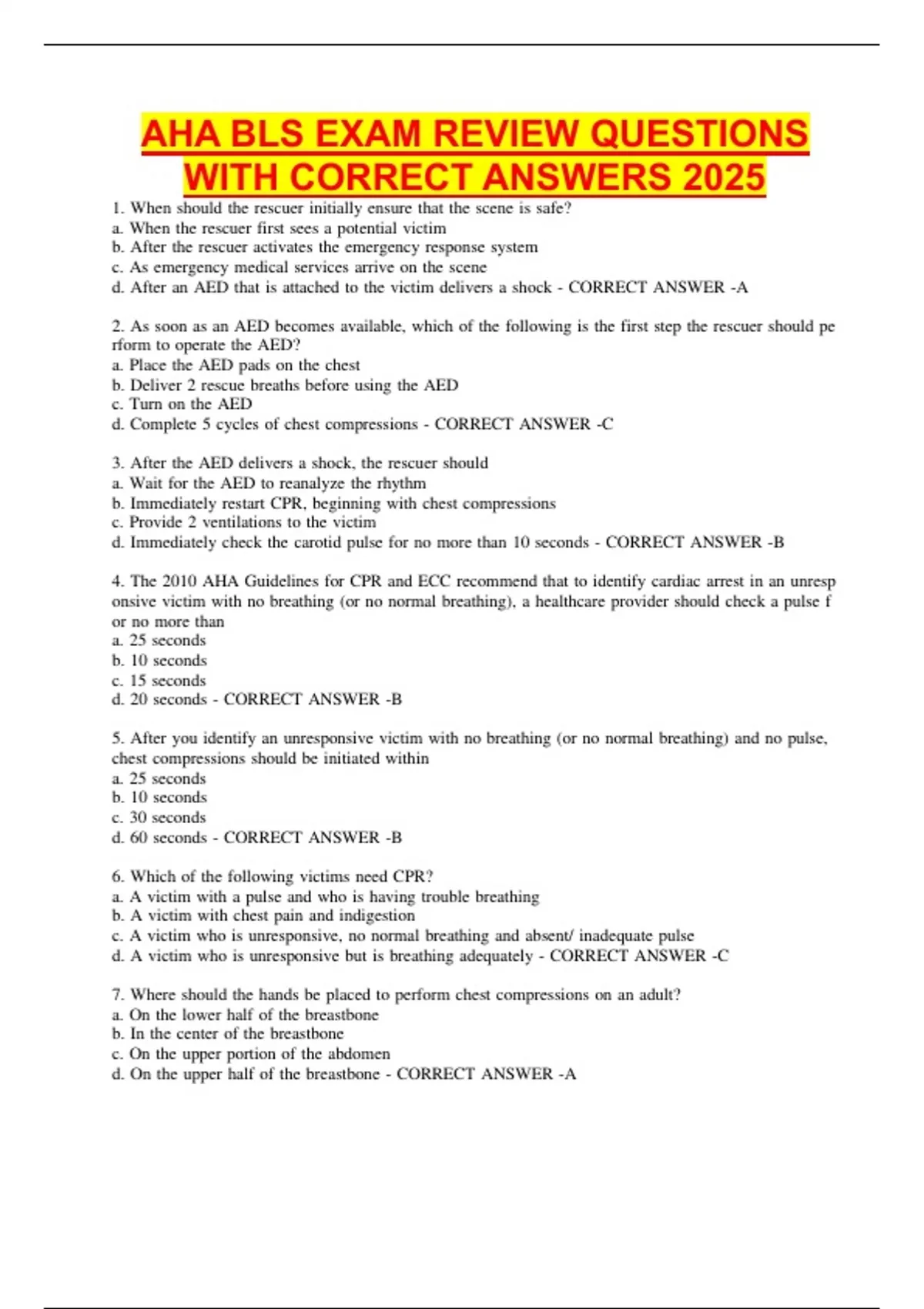 AHA BLS EXAM REVIEW QUESTIONS WITH CORRECT ANSWERS 2025 - BLS - Stuvia US
