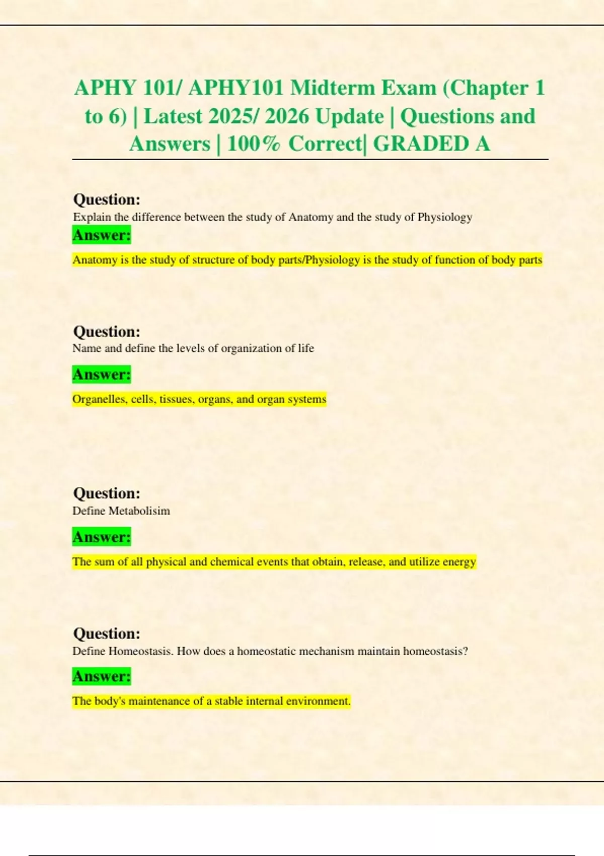 APHY 101/ APHY101 Midterm Exam (Chapter 1 to 6) | Latest 2025/ 2026 ...