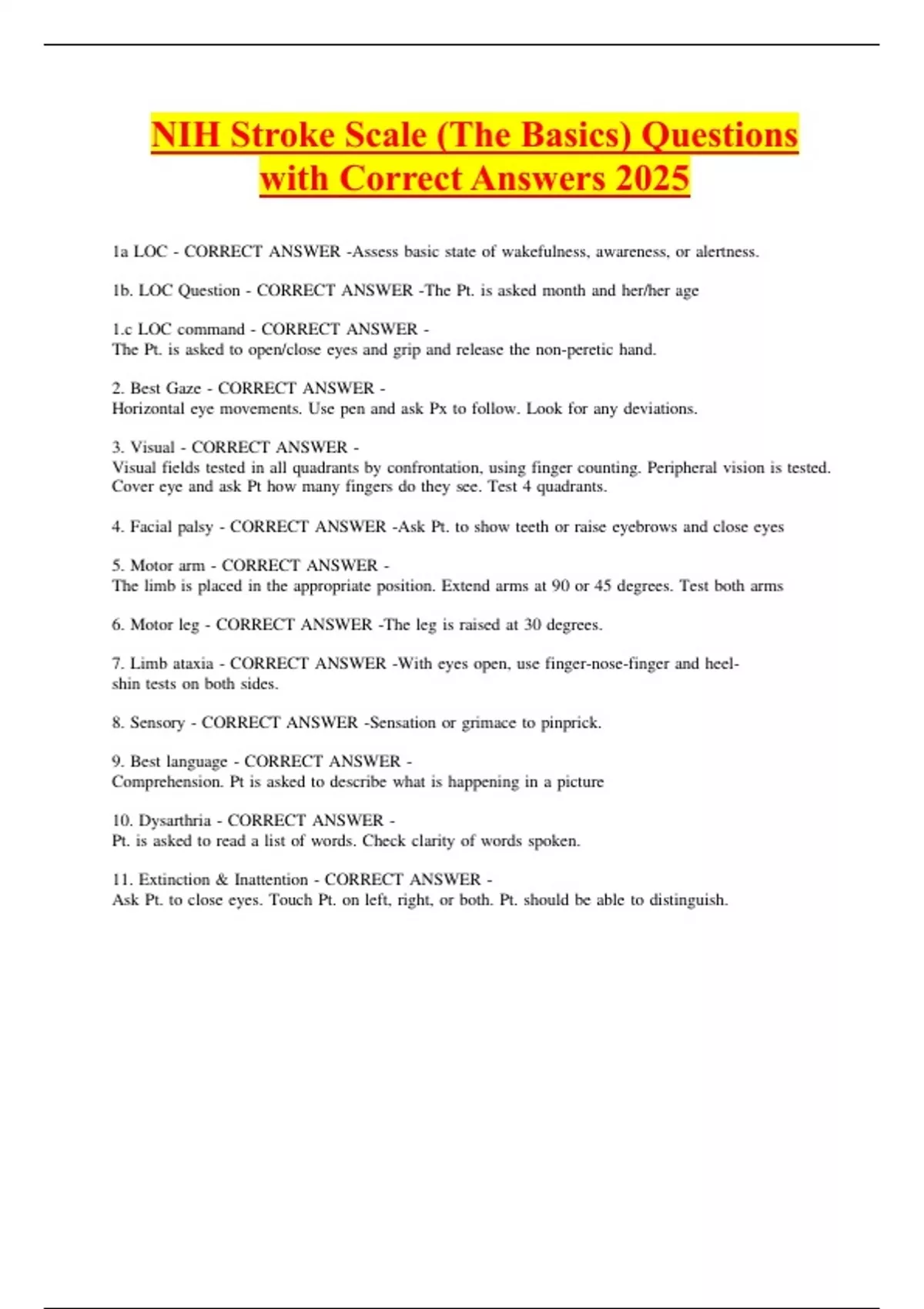 NIH Stroke Scale (The Basics) Questions with Correct Answers 2025 - NIH ...