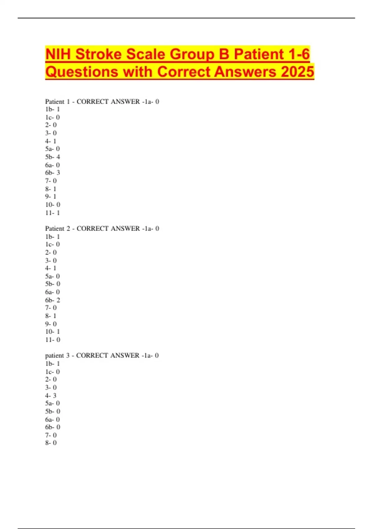 NIH Stroke Scale Group B Patient 1-6 Questions with Correct Answers ...