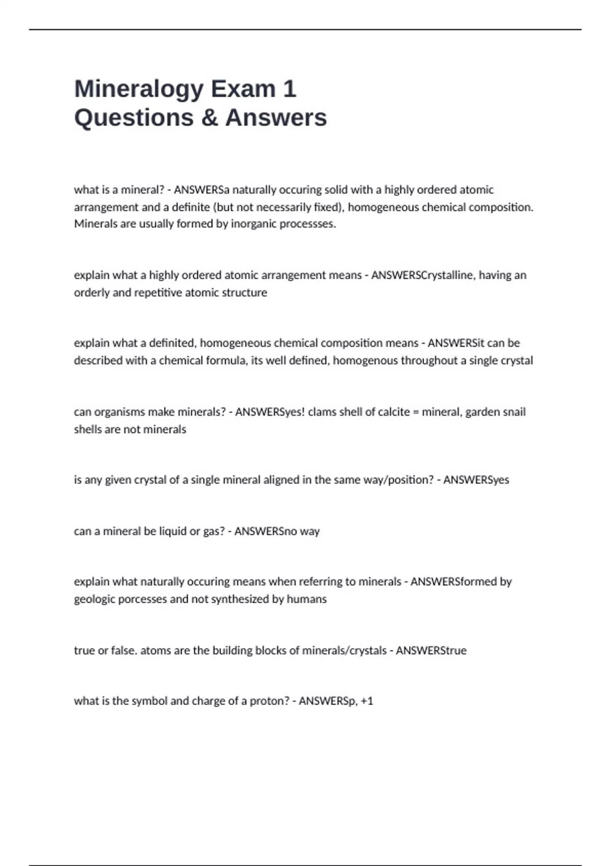 Mineralogy Exam 1 Questions & Answers - Mineralogy - Stuvia US