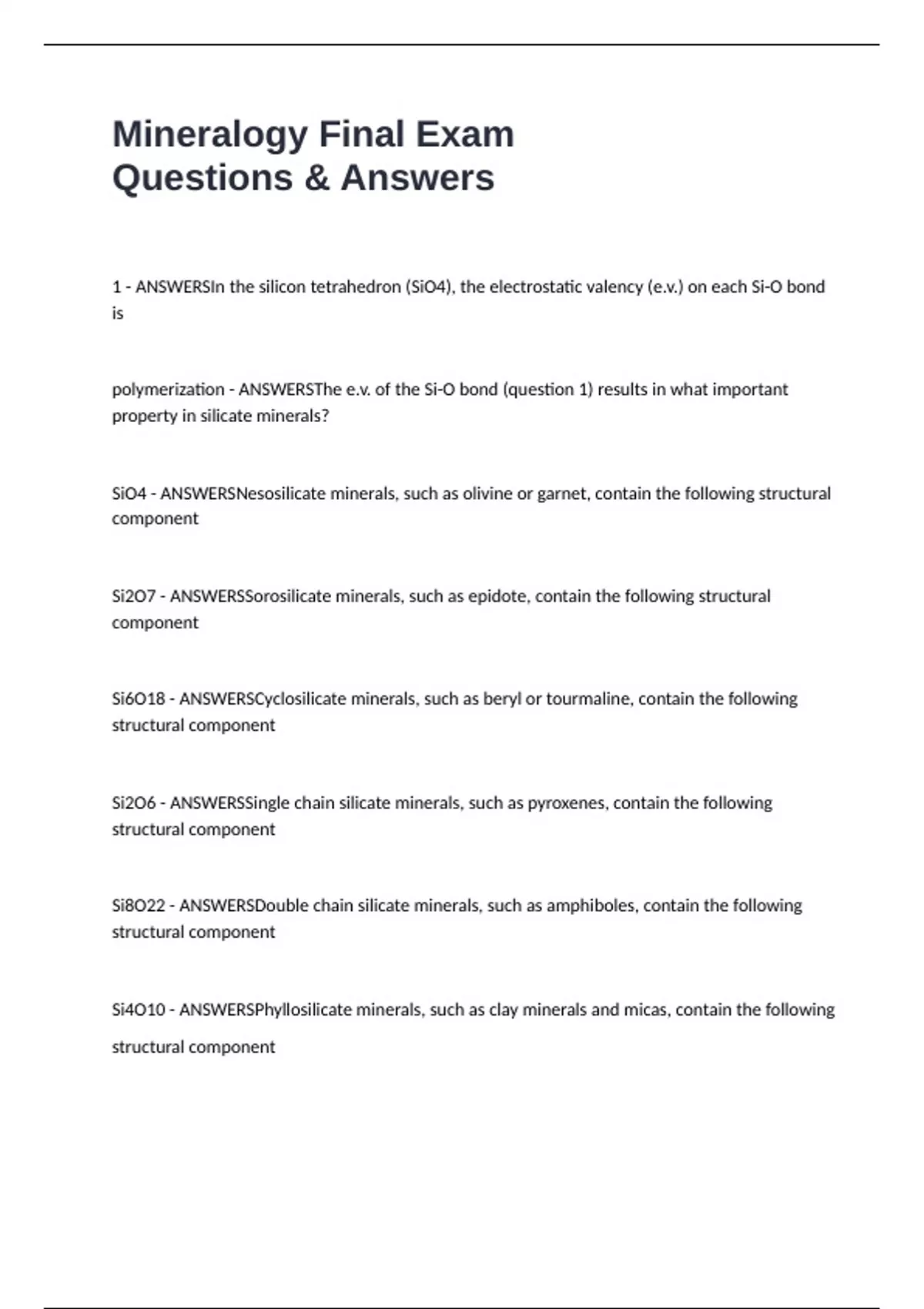 Mineralogy Final Exam Questions & Answers - Mineralogy - Stuvia US