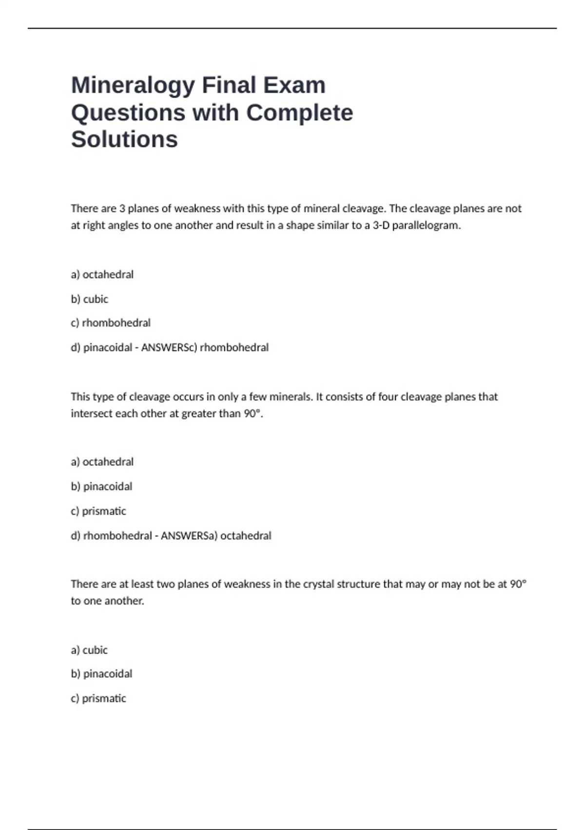 Mineralogy Final Exam Questions with Complete Solutions - Mineralogy ...