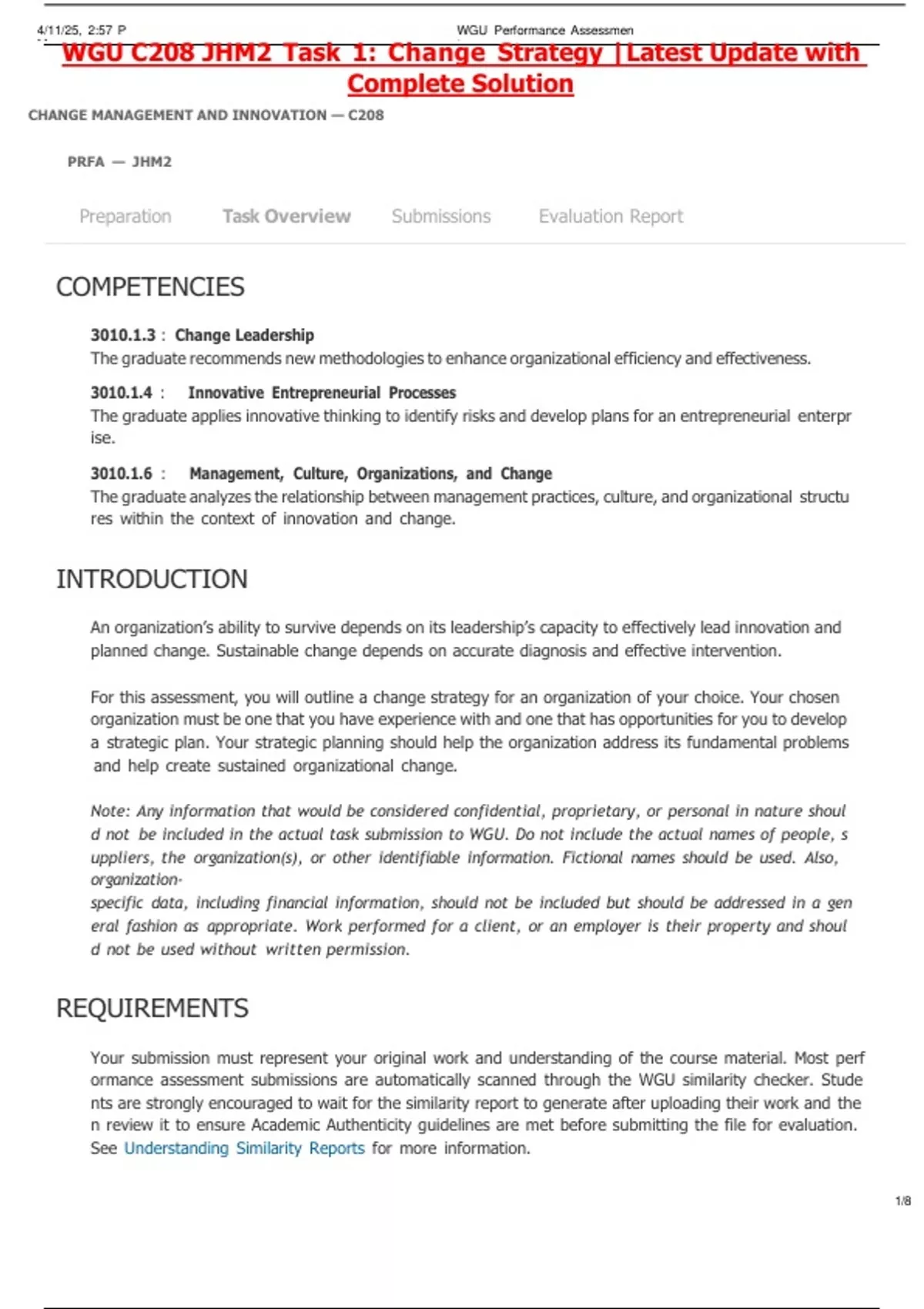 WGU C208 JHM2 Task 1: Change Strategy |Latest Update with Complete ...