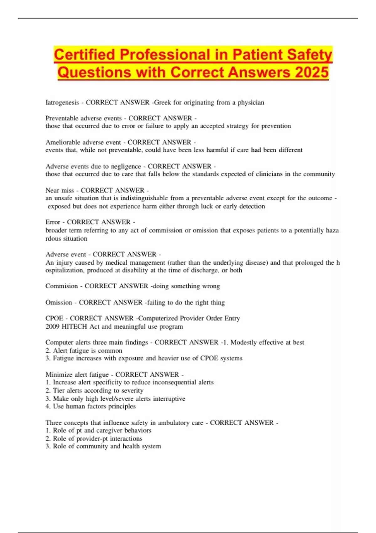 Certified Professional in Patient Safety Questions with Correct Answers 2025 - CPPS - Stuvia US