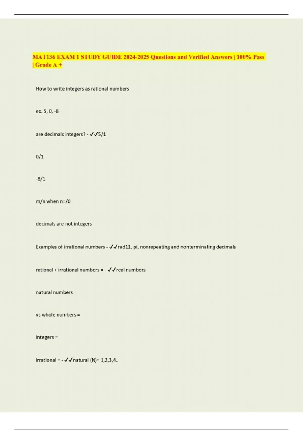 MAT136 EXAM 1 STUDY GUIDE Questions and Verified Answers | 100% Pass ...