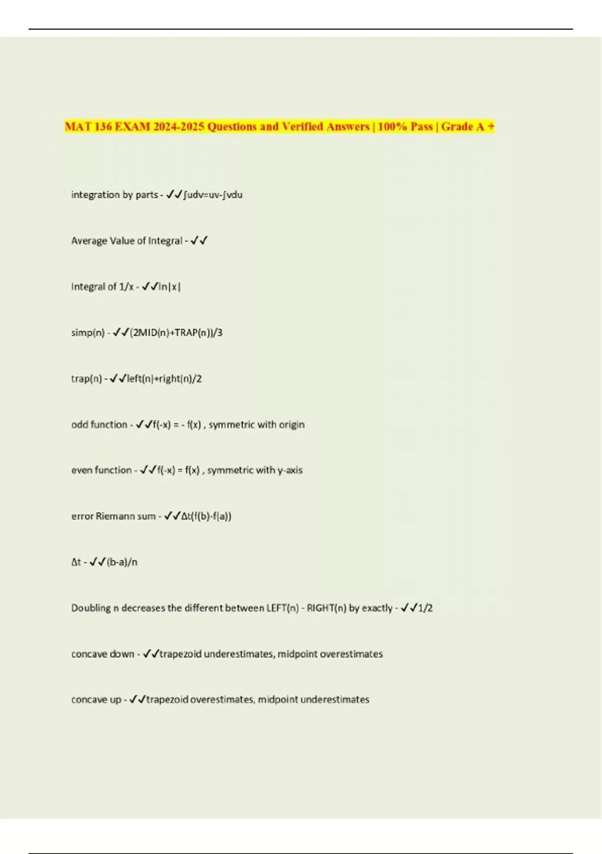 MAT 136 EXAM Questions and Verified Answers | 100% Pass | Grade A ...