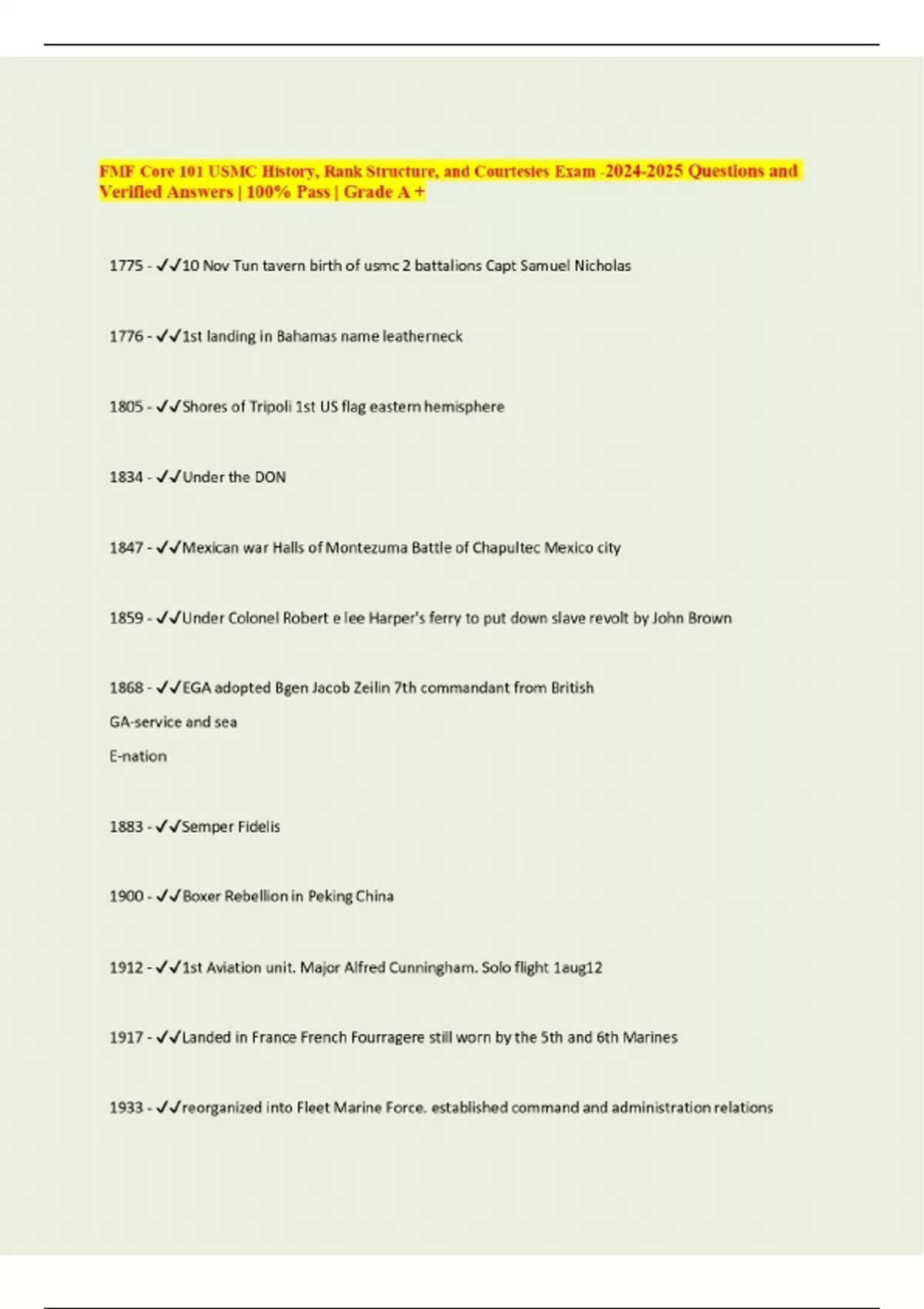 FMF Core 101 USMC History, Rank Structure, and Courtesies Exam ...