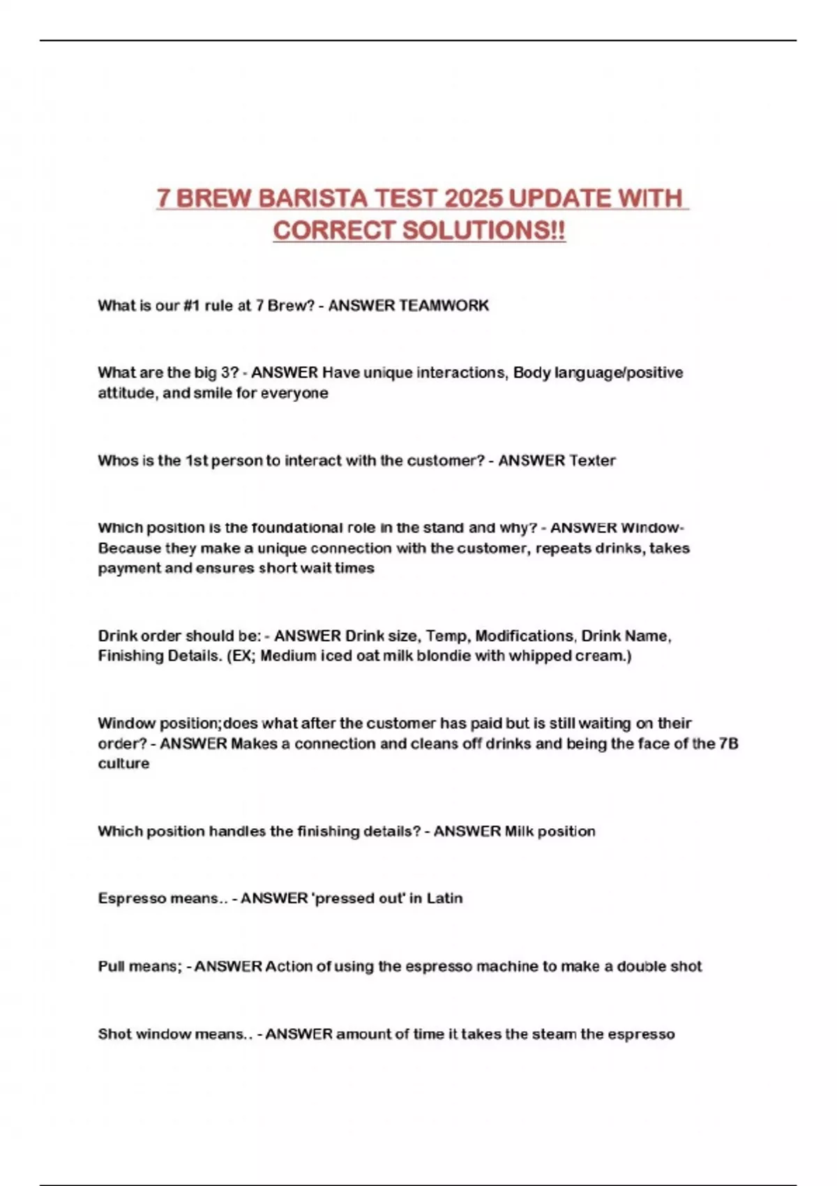 7 BREW BARISTA TEST 2025 UPDATE WITH CORRECT SOLUTIONS!! - 7 BREW ...