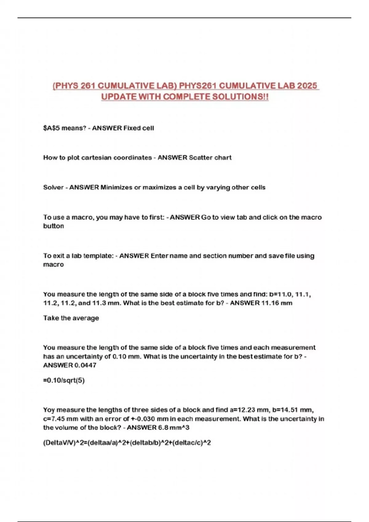 (PHYS 261 CUMULATIVE LAB) PHYS261 CUMULATIVE LAB 2025 UPDATE WITH COMPLETE SOLUTIONS!! - PHYS261 ...