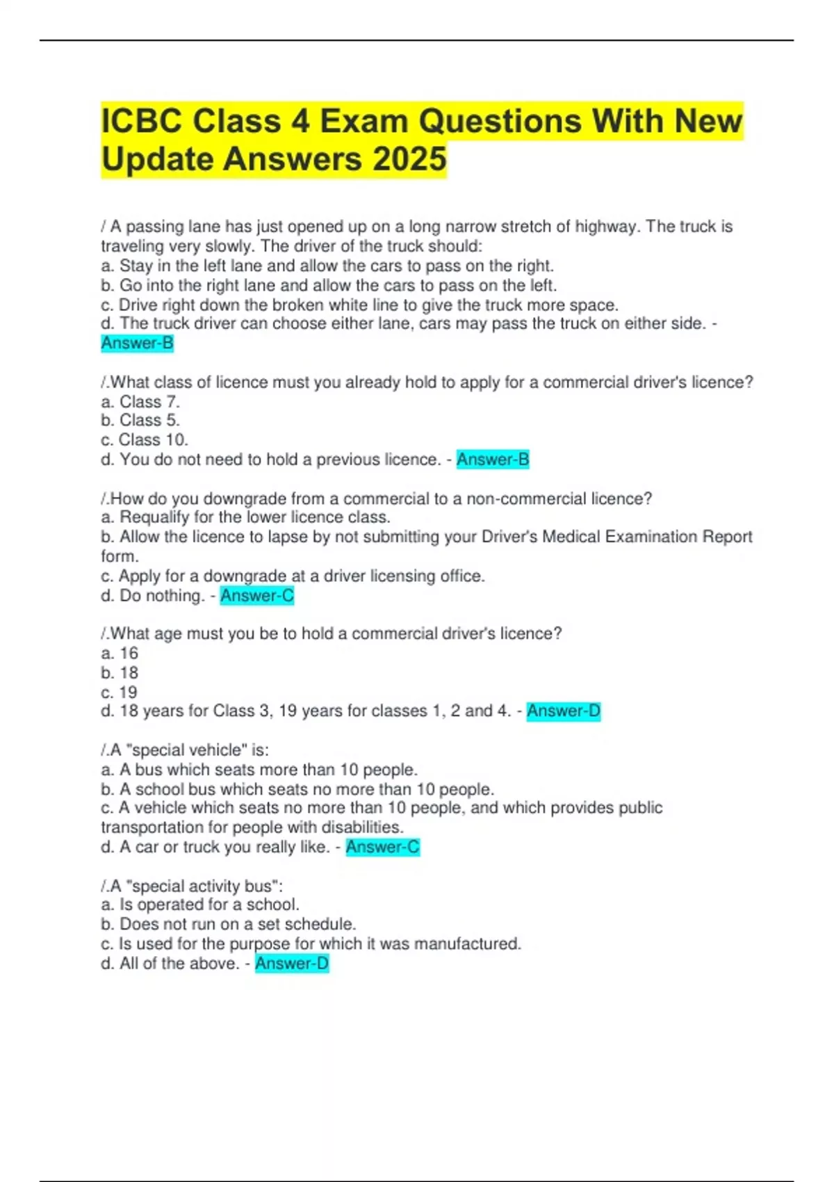 ICBC Class 4 Exam Questions With New Update Answers 2025 - ICBC Class 4 ...