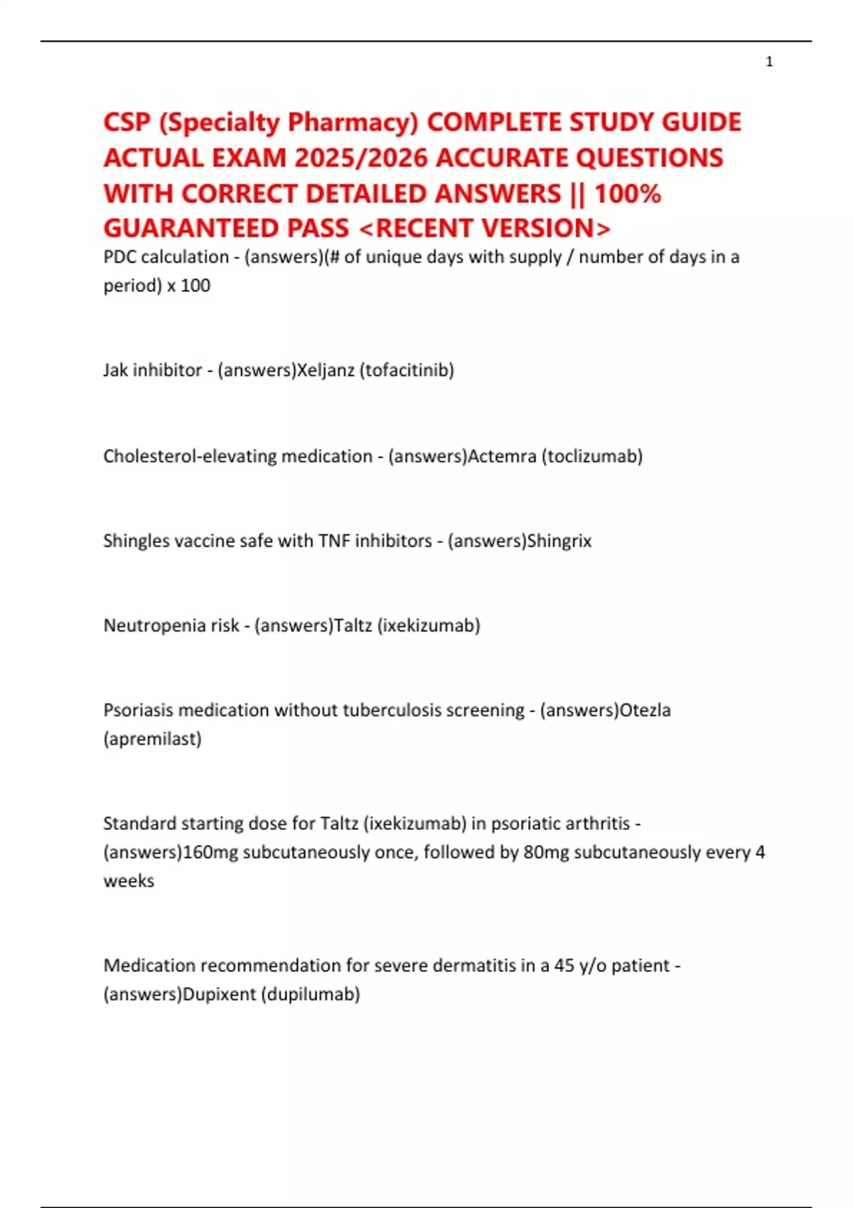 CSP (Specialty Pharmacy) COMPLETE STUDY GUIDE ACTUAL EXAM 2025/2026 ...