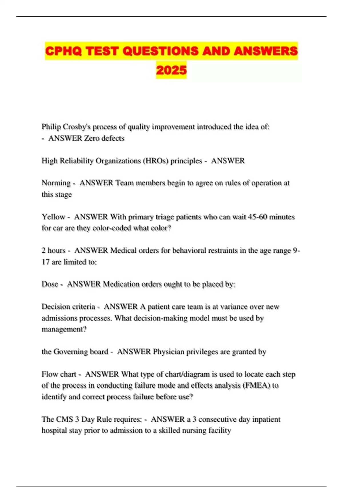 CPHQ TEST QUESTIONS AND ANSWERS 2025 - CPHQ - Stuvia US