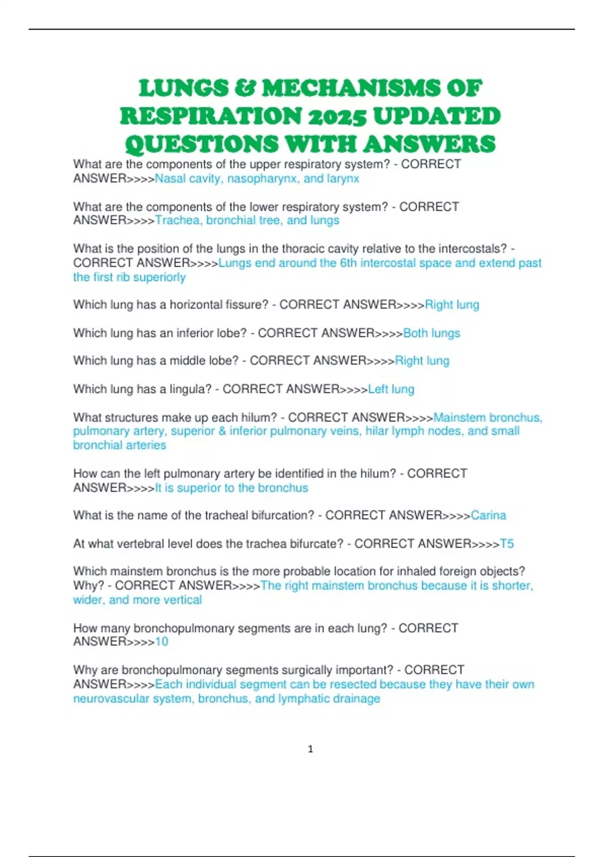 LUNGS & MECHANISMS OF RESPIRATION 2025 UPDATED QUESTIONS WITH ANSWERS ...