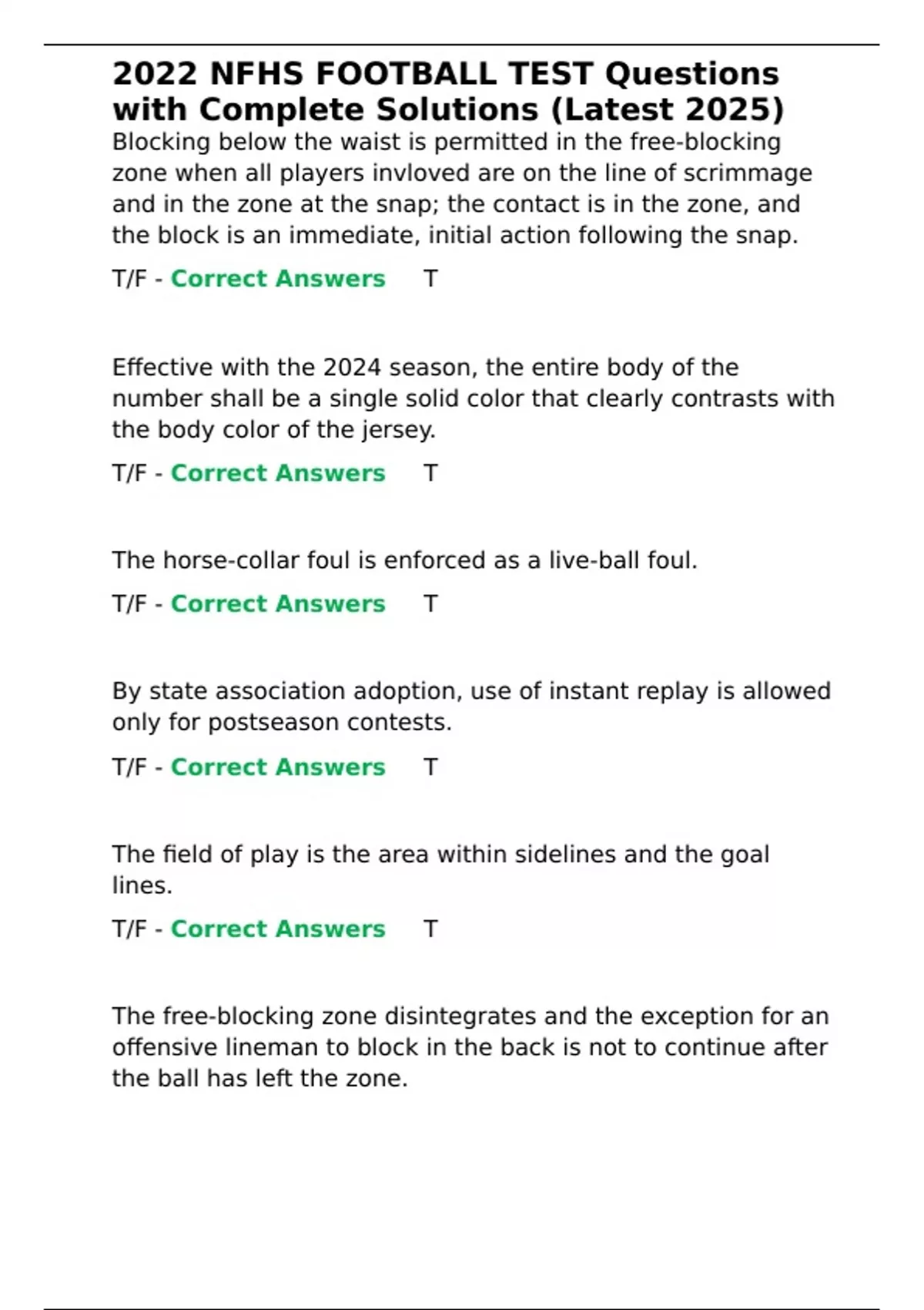 2022 NFHS FOOTBALL TEST Questions with Complete Solutions (Latest 2025 ...