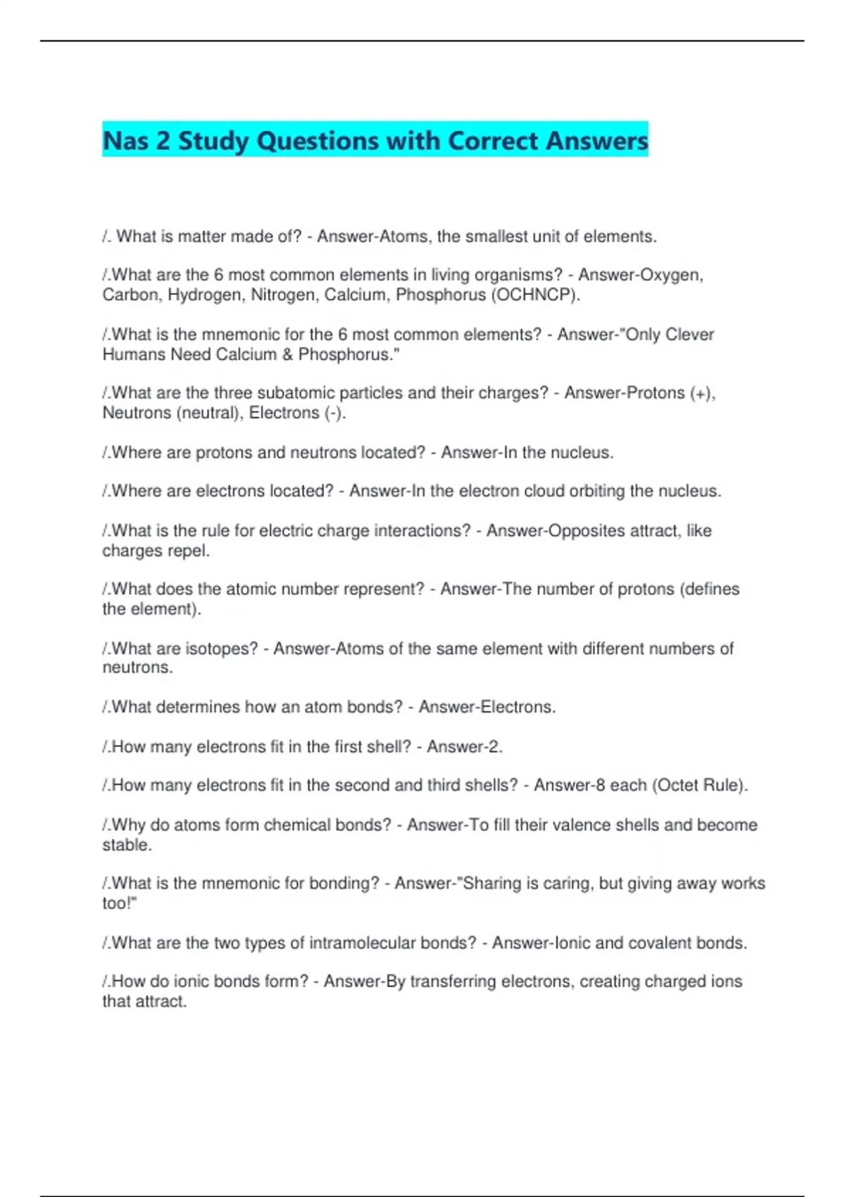 Nas 2 Study Questions with Correct Answers - Nas 2 - Stuvia US