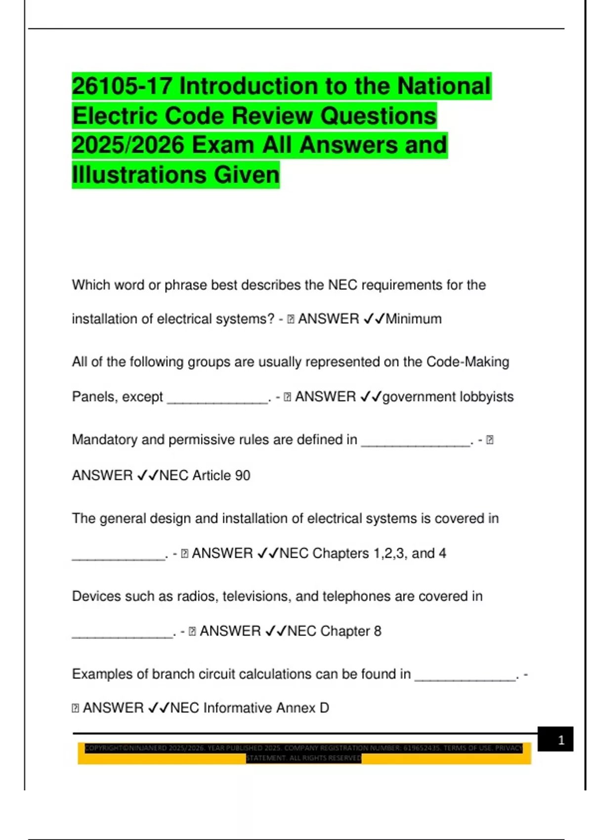 26105-17 Introduction to the National Electric Code Review Questions ...