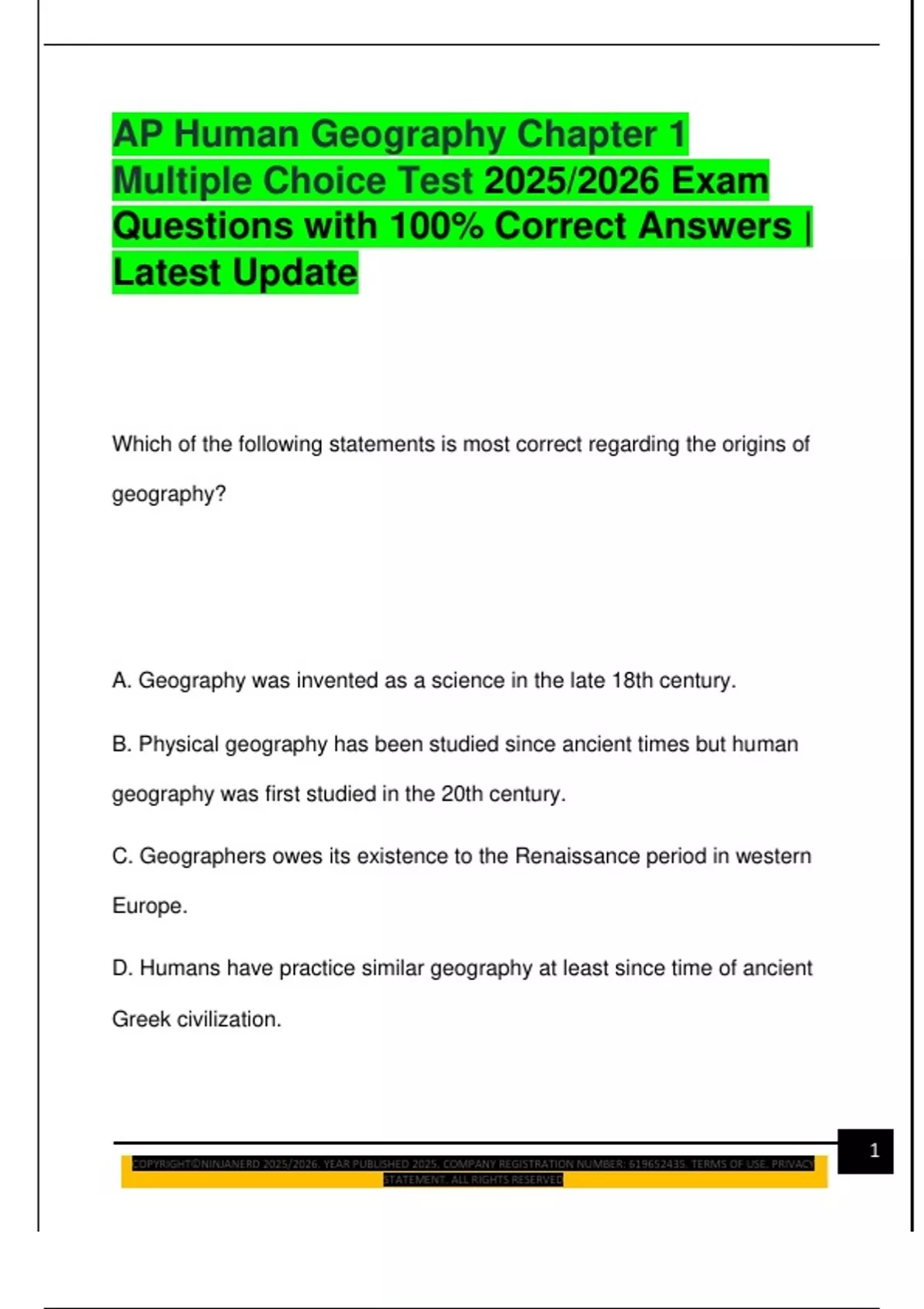 AP Human Geography Chapter 1 Multiple Choice Test 2025/2026 Exam ...