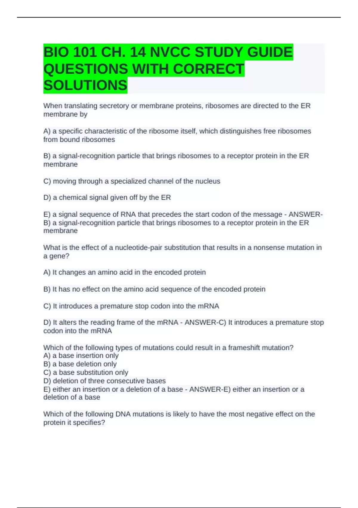 BIO 101 CH. 14 NVCC STUDY GUIDE QUESTIONS WITH CORRECT SOLUTIONS - BIO ...