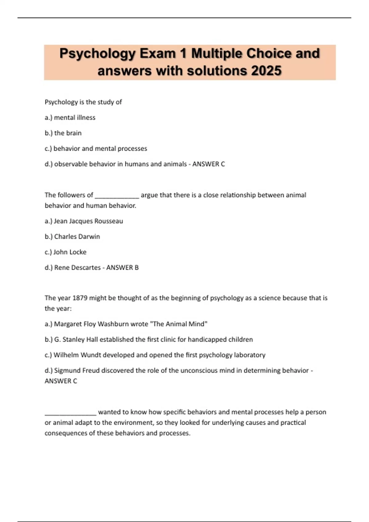 Psychology Exam 1 Multiple Choice and answers with solutions 2025 ...