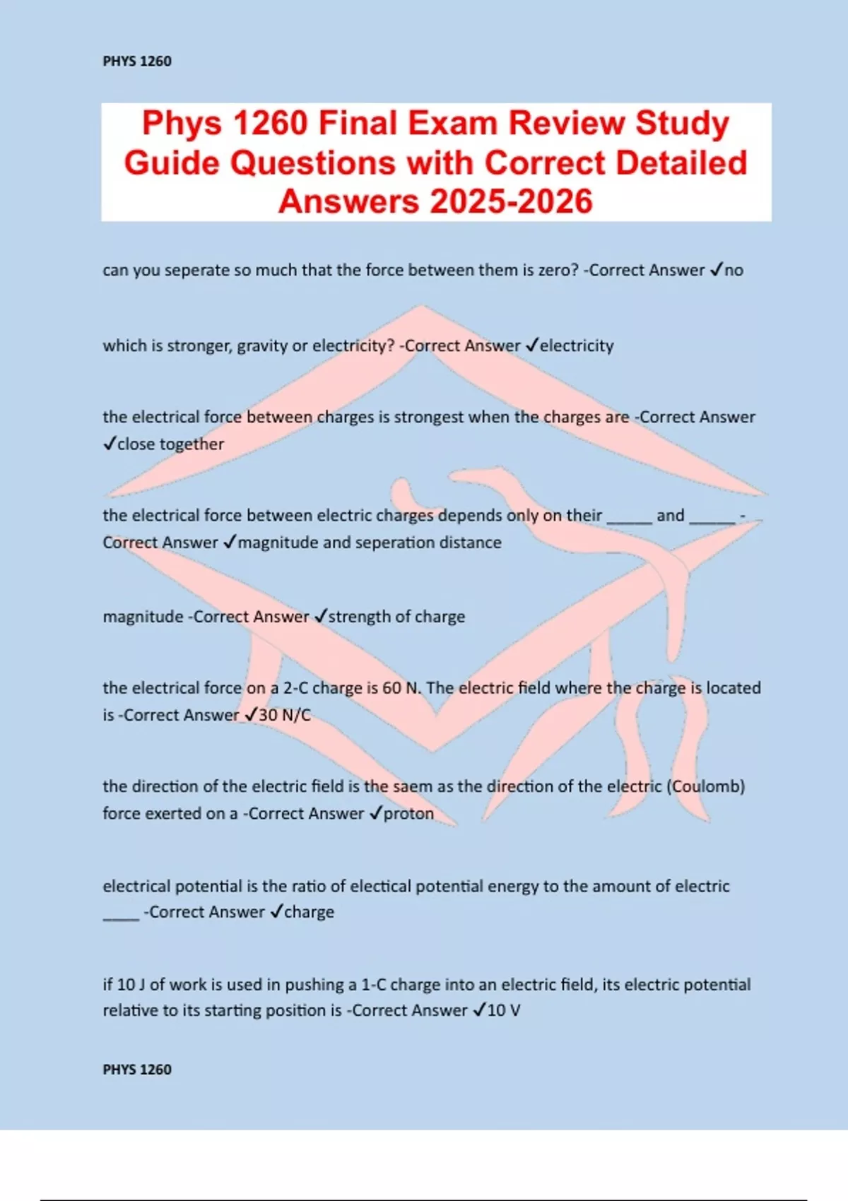 Phys 1260 Final Exam Review Study Guide Questions with Correct Detailed Answers - Phys 1260 ...