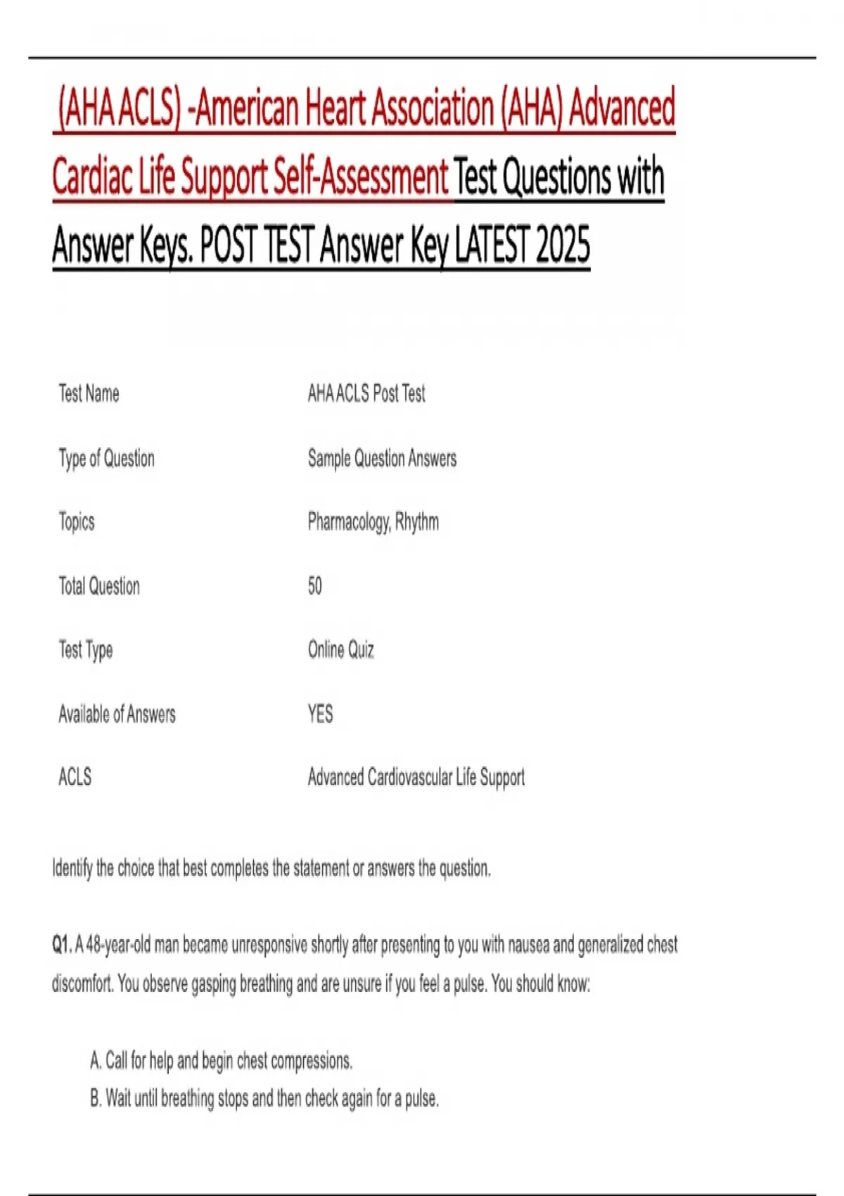 (AHAACLS) -American Heart Association POST TEST Answer Key LATEST 2025 ...