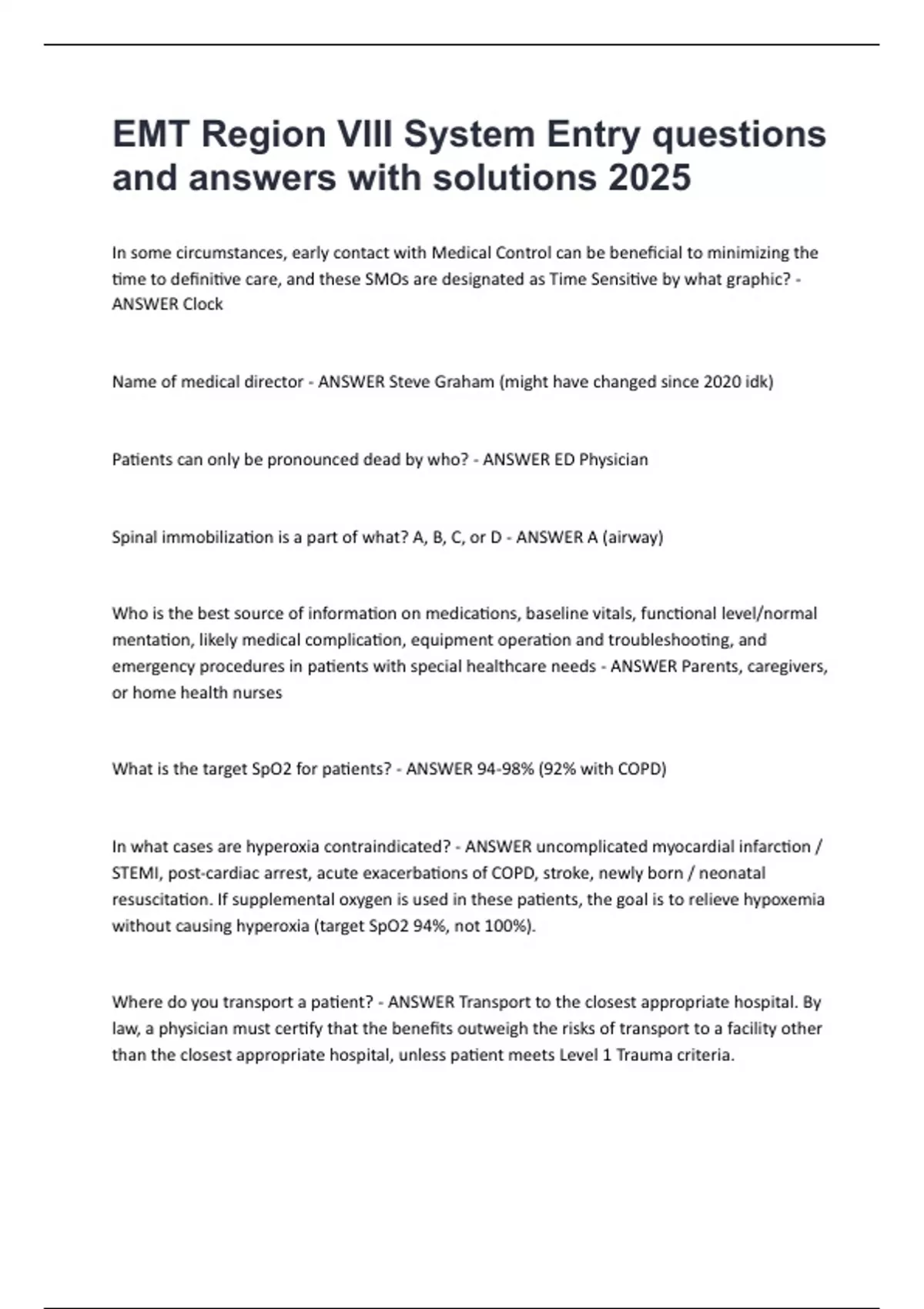 EMT Region VIII System Entry questions and answers with solutions 2025 ...