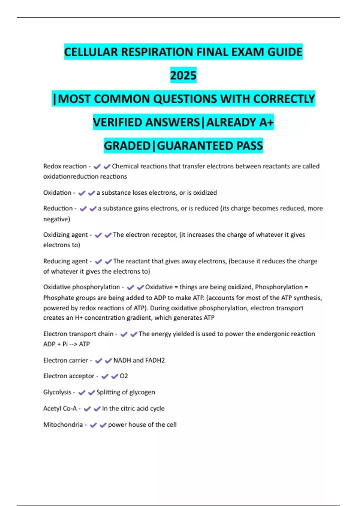 CELLULAR RESPIRATION FINAL EXAM GUIDE 2025 |MOST COMMON QUESTIONS WITH ...