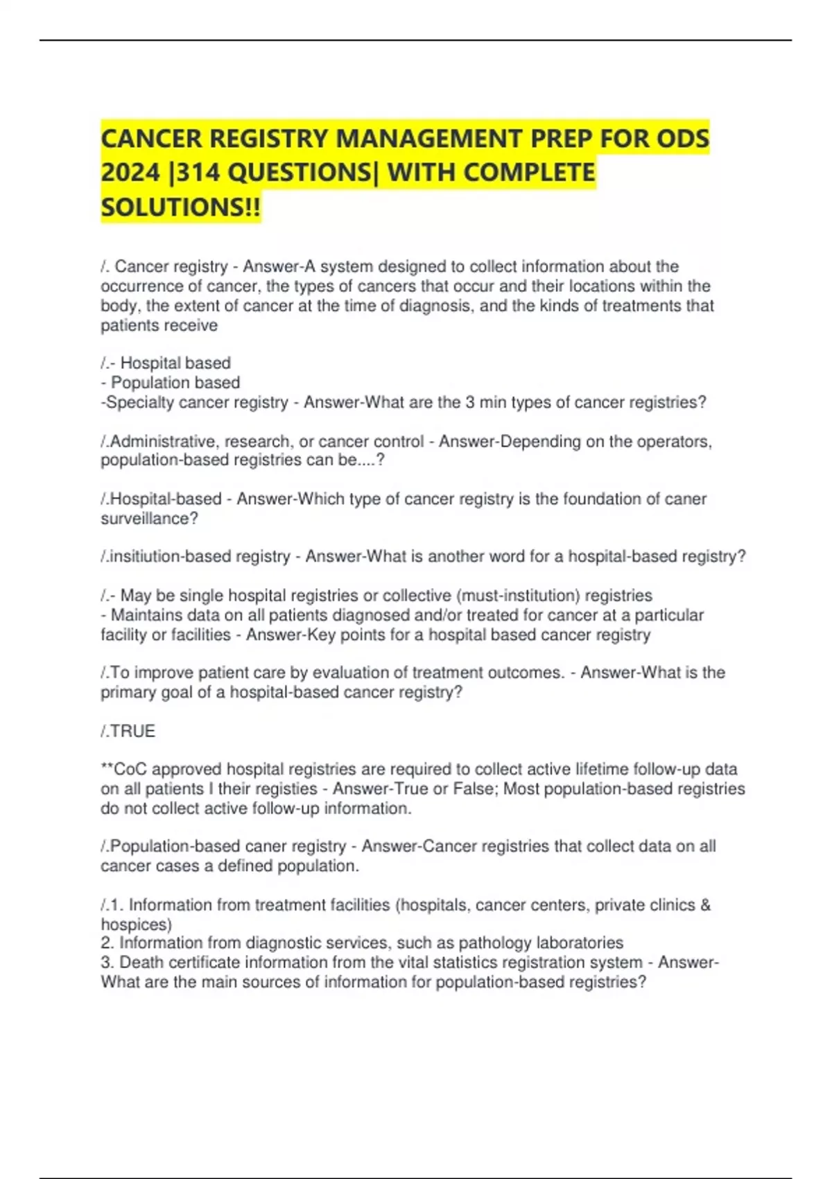 CANCER REGISTRY MANAGEMENT PREP FOR ODS 2024 |314 QUESTIONS| WITH ...