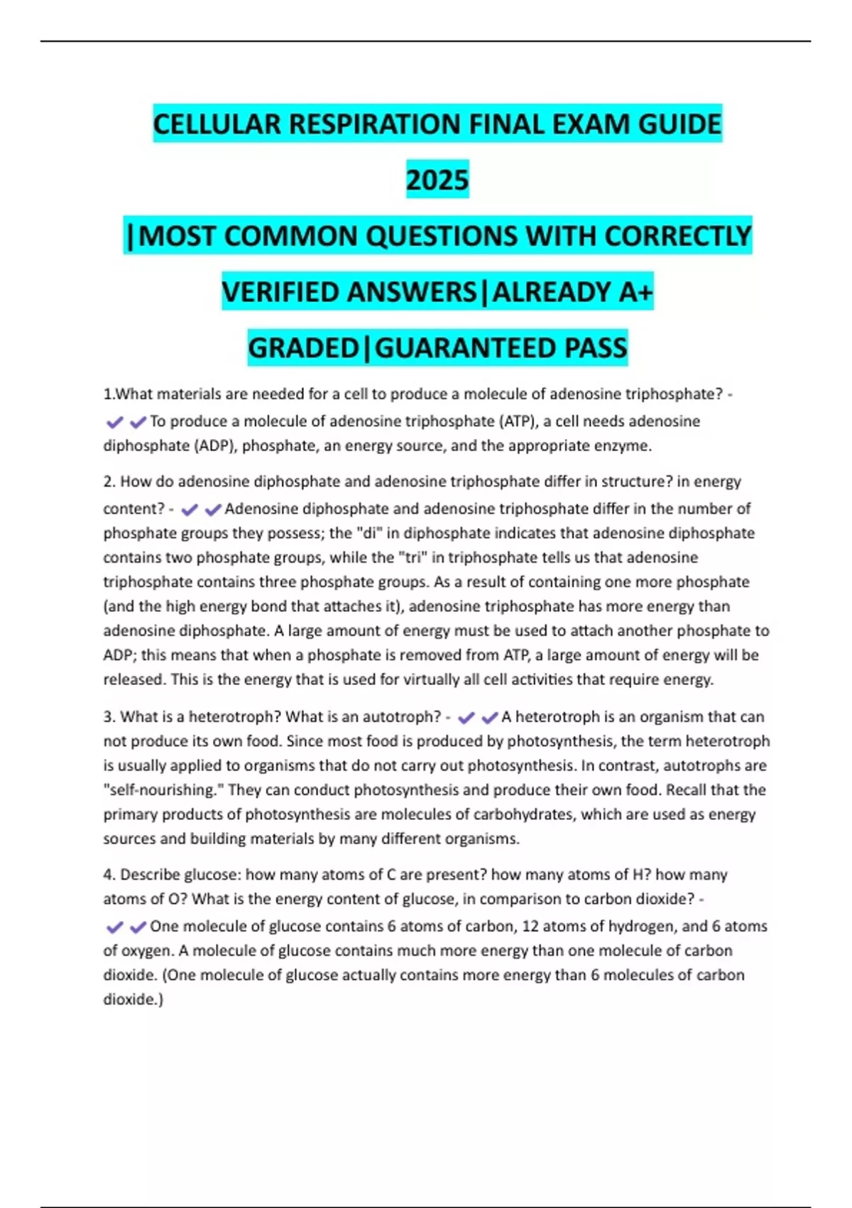 CELLULAR RESPIRATION FINAL EXAM GUIDE 2025 |MOST COMMON QUESTIONS WITH ...