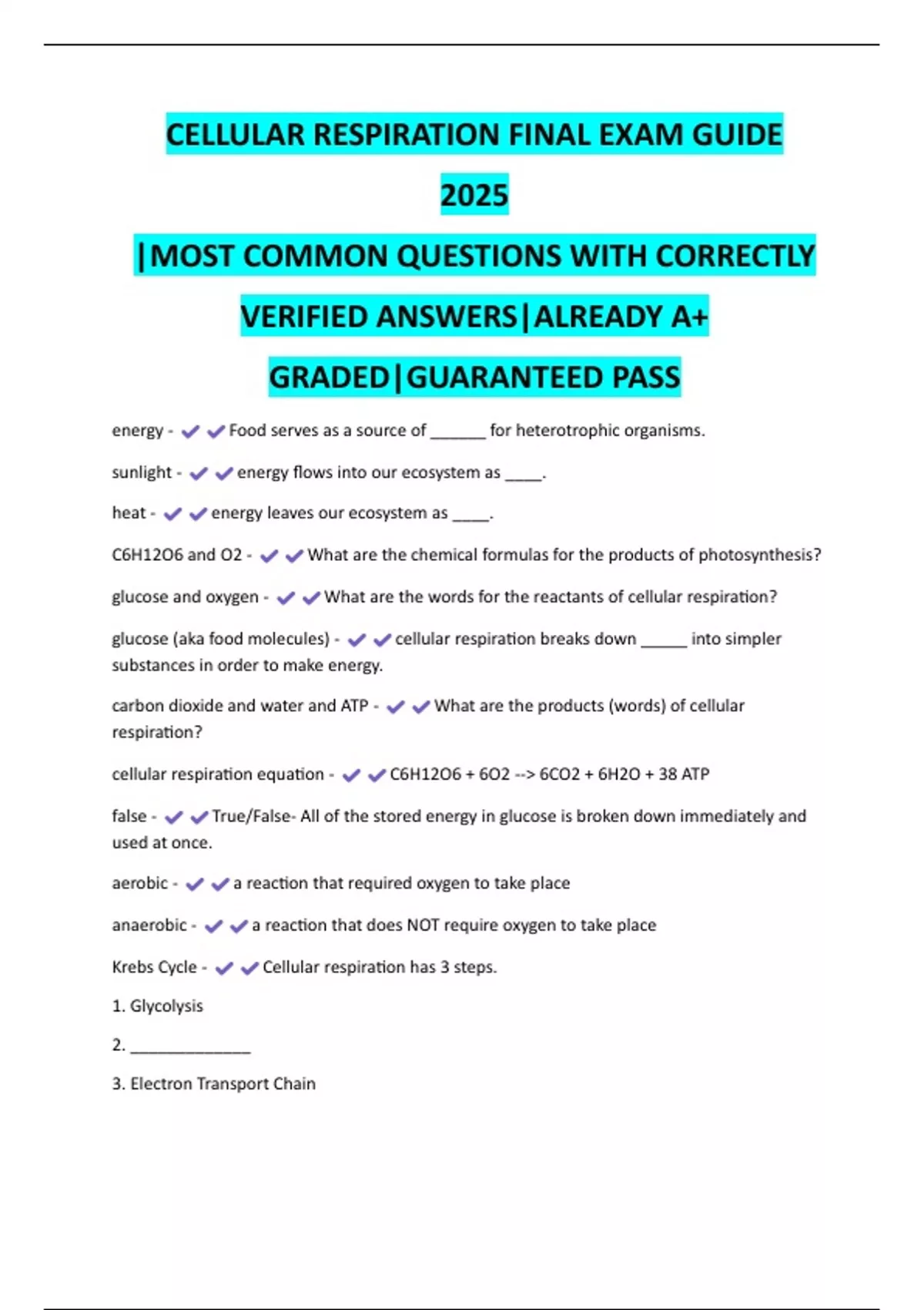 CELLULAR RESPIRATION FINAL EXAM GUIDE 2025 |MOST COMMON QUESTIONS WITH ...