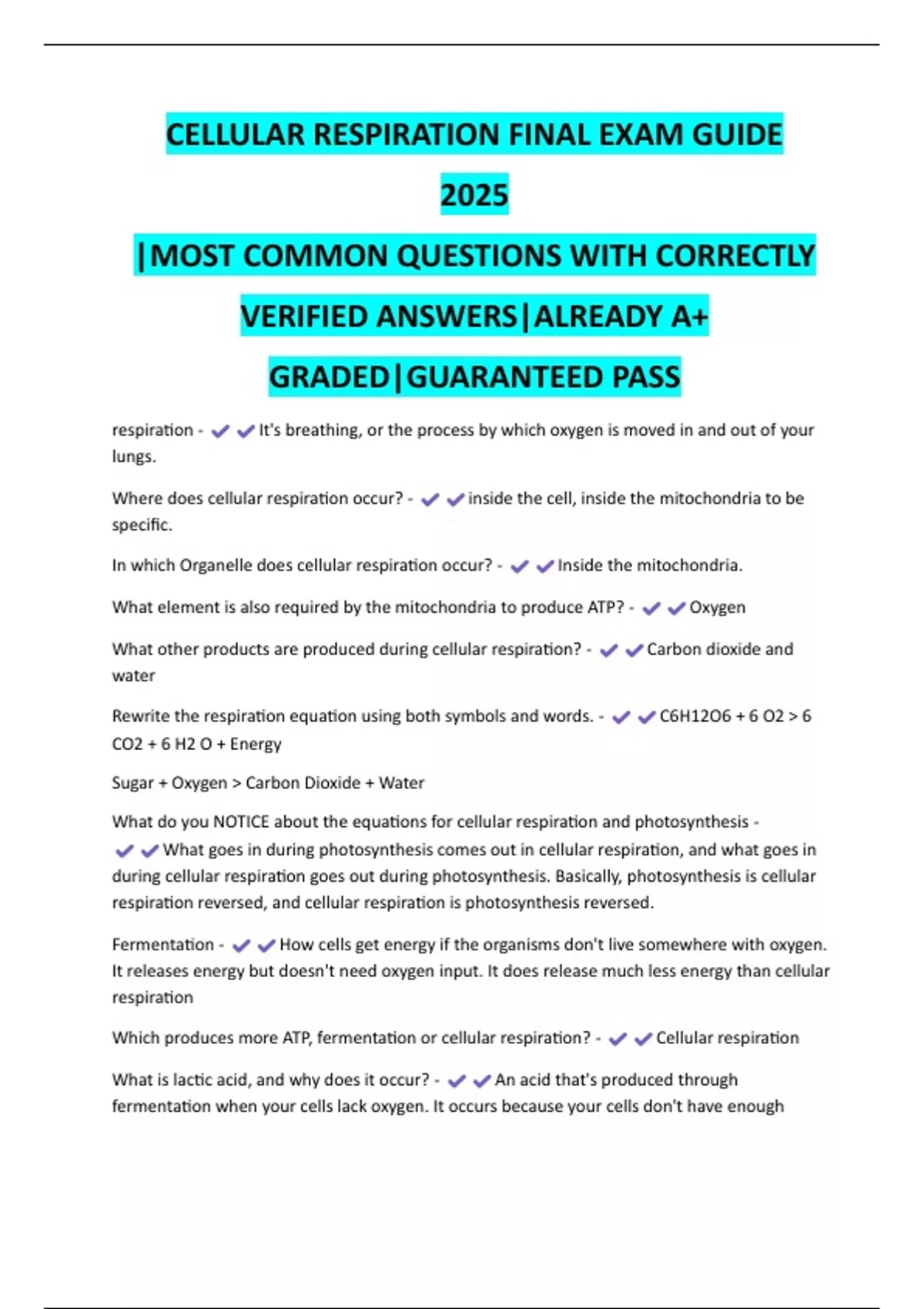 CELLULAR RESPIRATION FINAL EXAM GUIDE 2025 |MOST COMMON QUESTIONS WITH ...