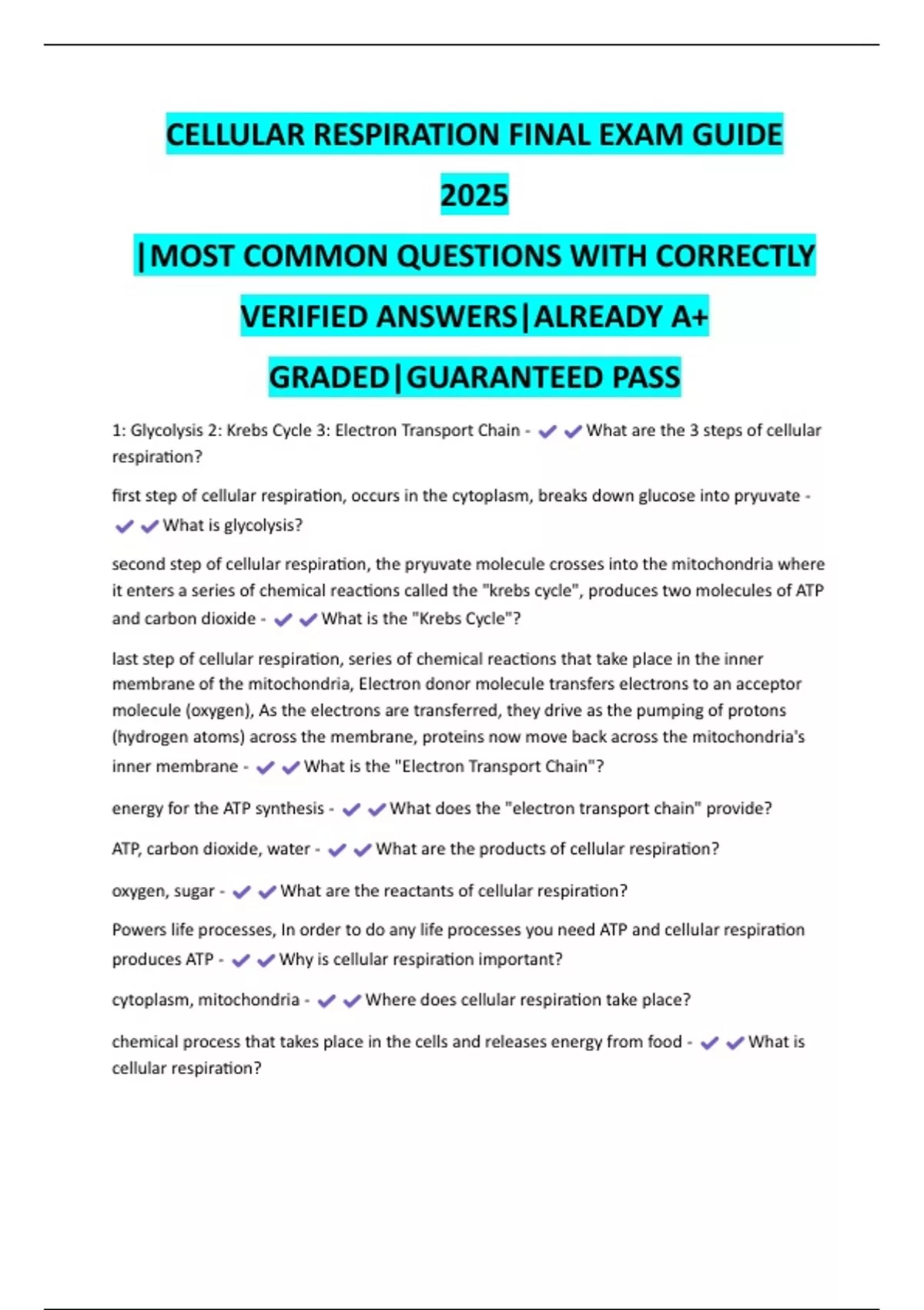 CELLULAR RESPIRATION FINAL EXAM GUIDE 2025 |MOST COMMON QUESTIONS WITH ...