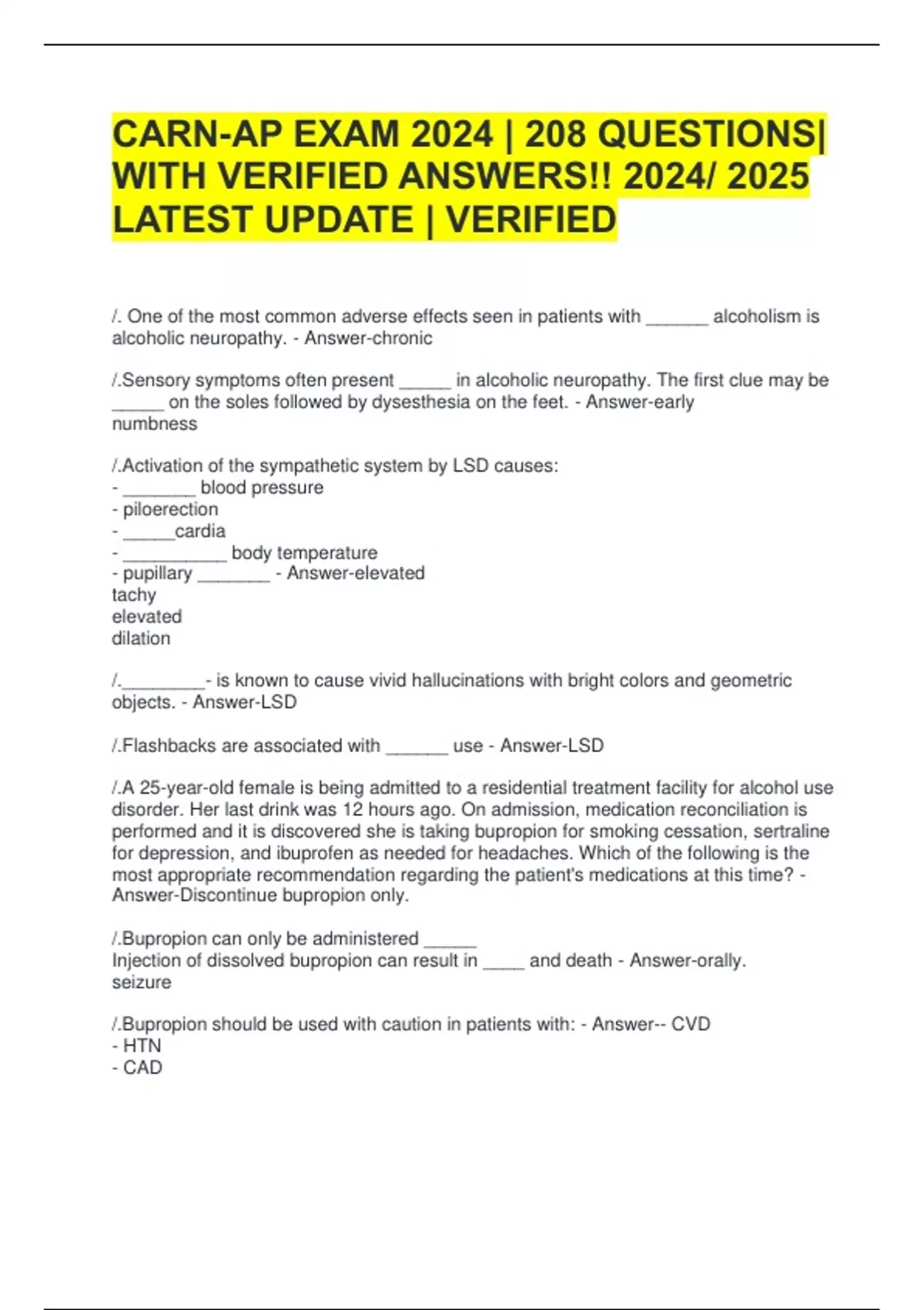CARN-AP EXAM 2024 | 208 QUESTIONS| WITH VERIFIED ANSWERS!! 2024/ 2025 ...