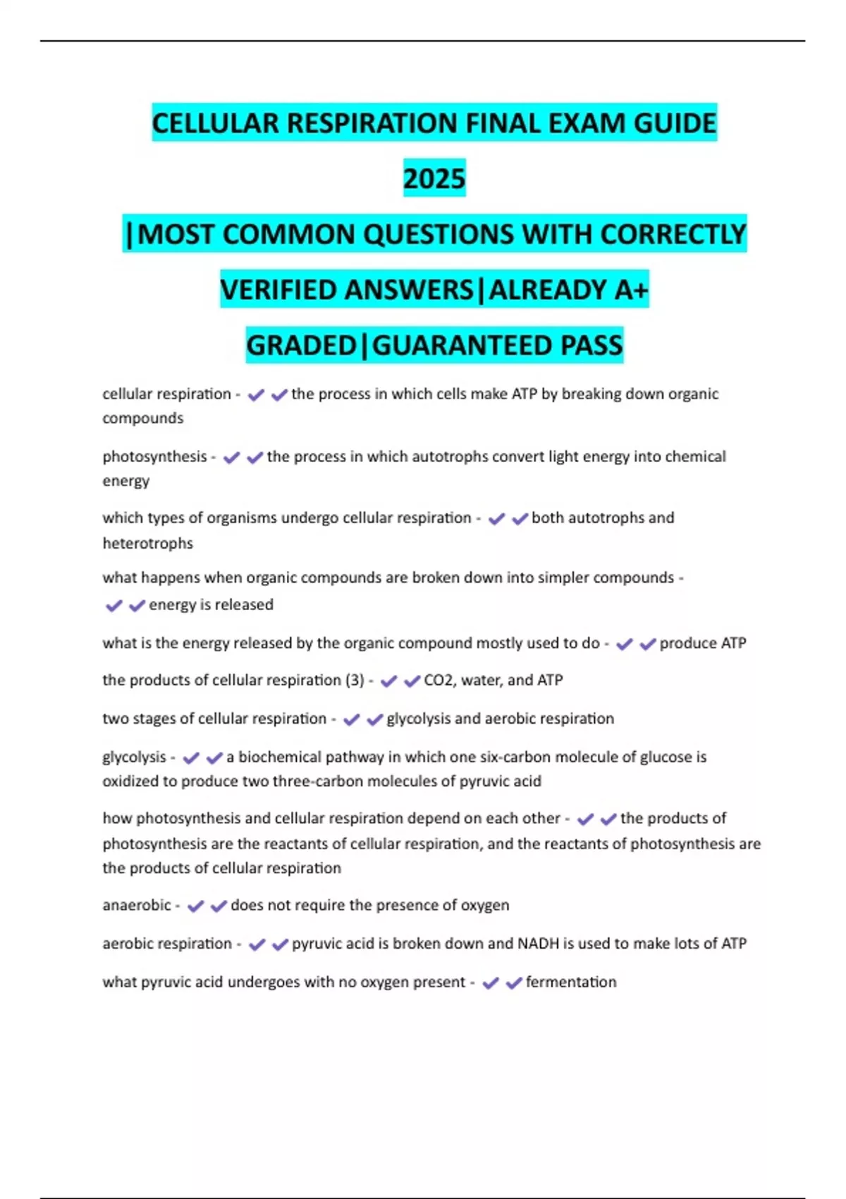 CELLULAR RESPIRATION FINAL EXAM GUIDE 2025 |MOST COMMON QUESTIONS WITH ...