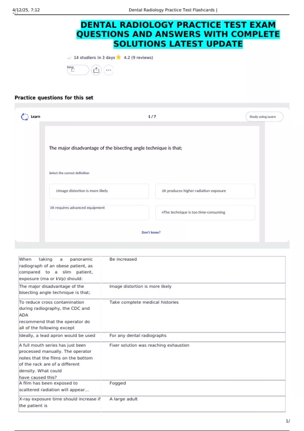 DENTAL RADIOLOGY PRACTICE TEST EXAM QUESTIONS AND ANSWERS WITH COMPLETE ...