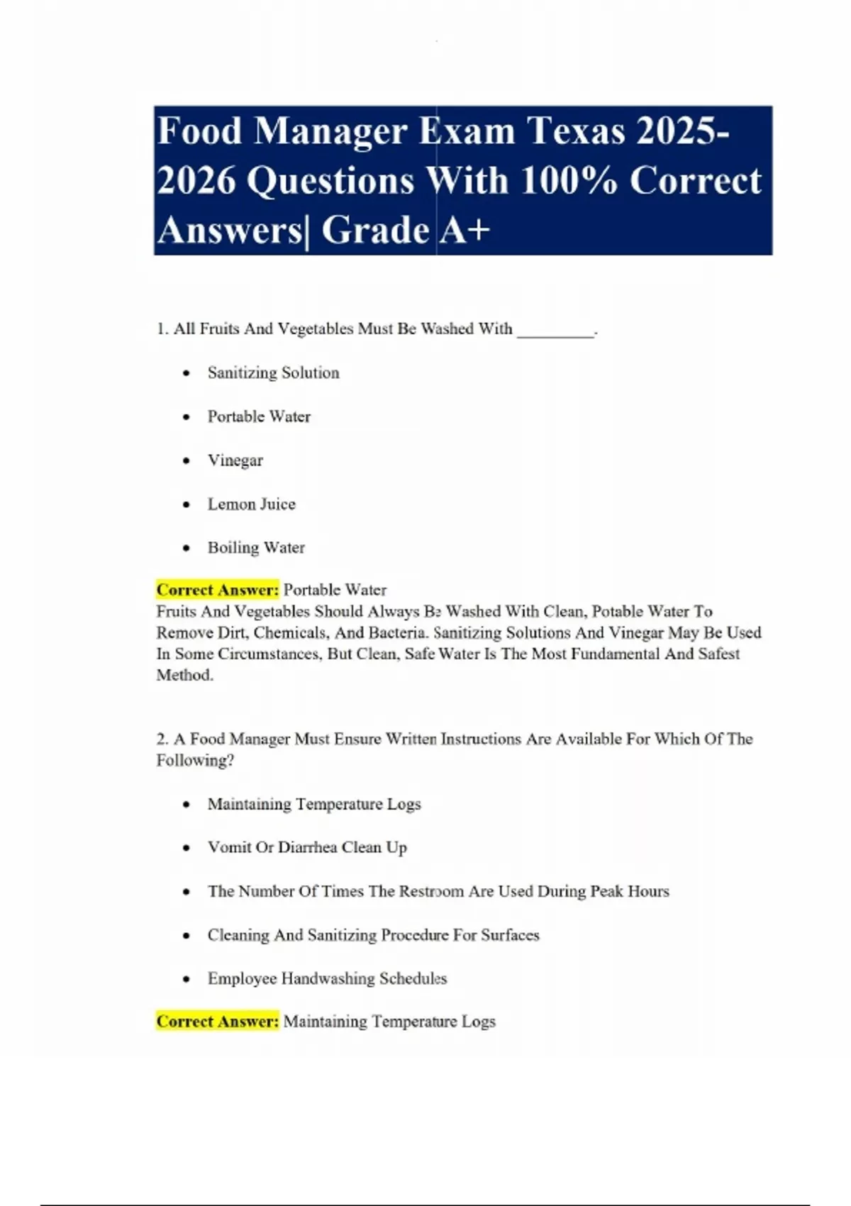Food Manager Exam Texas Questions With 100% Correct Answers| Grade A+ ...