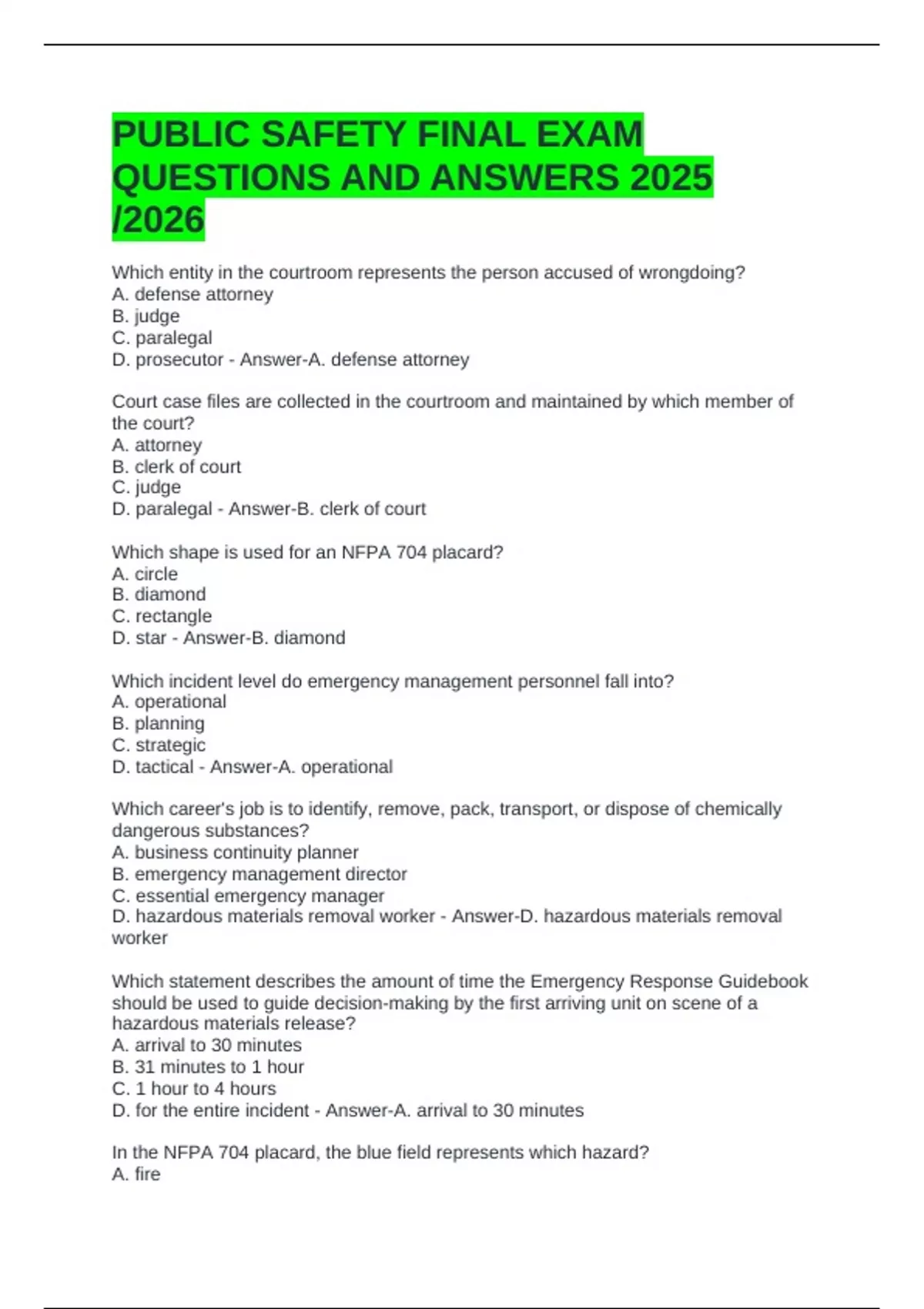 PUBLIC SAFETY FINAL EXAM QUESTIONS AND ANSWERS 2025 /2026 - Police ...
