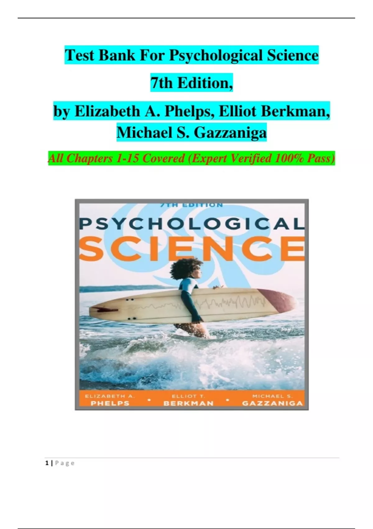 Test Bank For Psychological Science 7th Edition, by Elizabeth A. Phelps ...