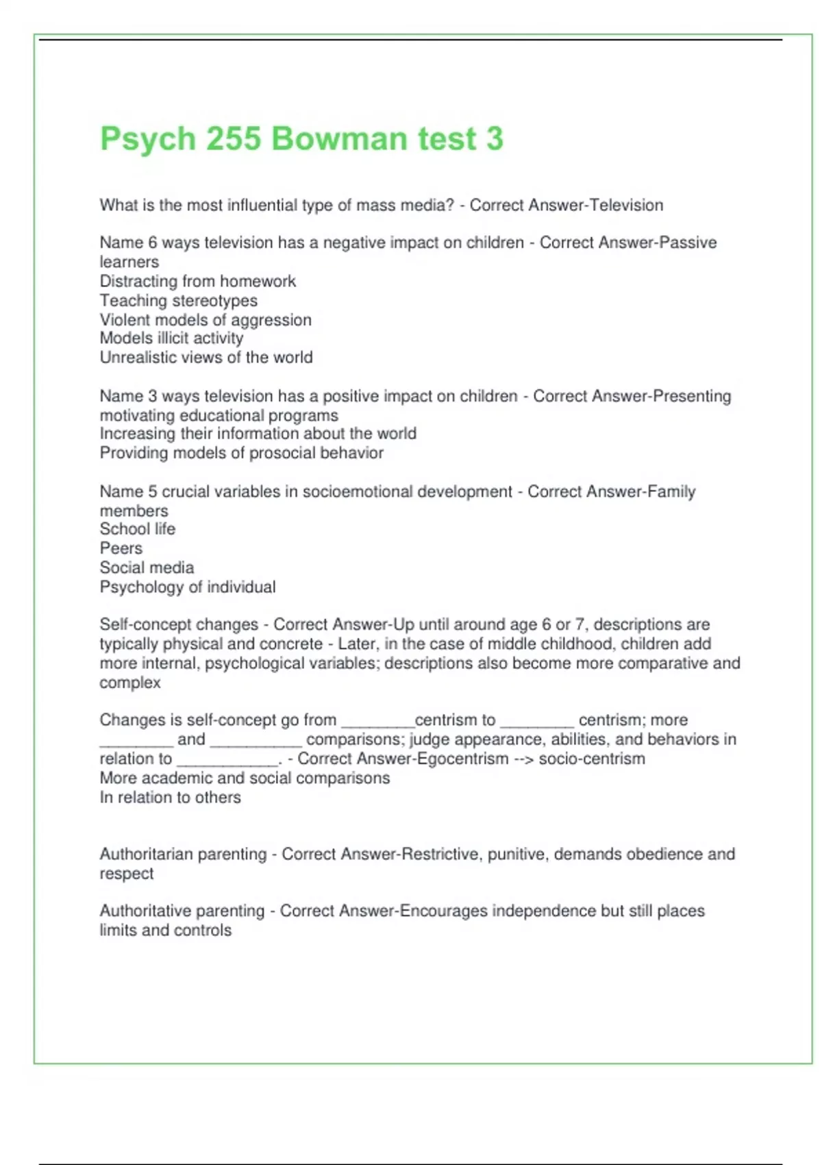 Psych 255 Bowman test 3 Questions and Answers | 2025 Update | 100% ...